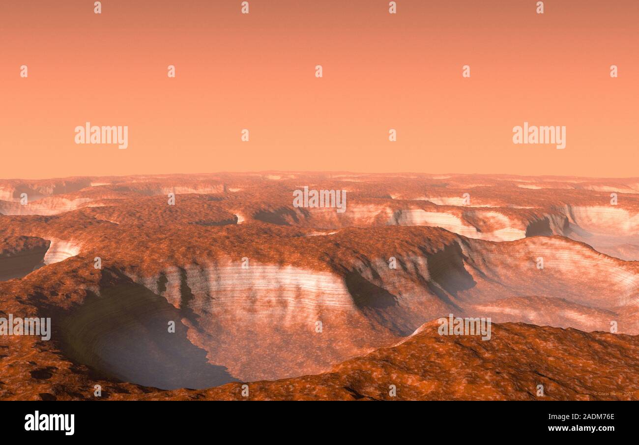Carbon dioxide ice on Mars, computer artwork. This area is part of the ...