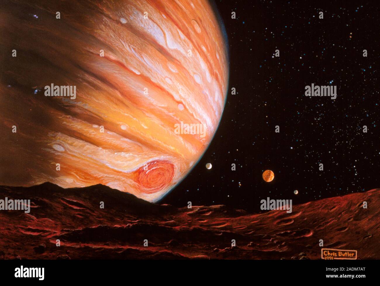 Artwork of Jupiter and three of its satellites as seen from the ...