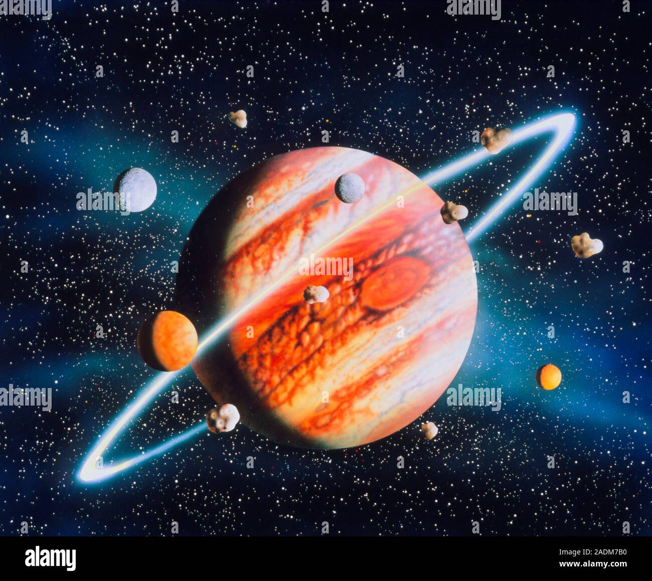 Jupiter. Illustration of the planet Jupiter, showing its ring, red spot ...