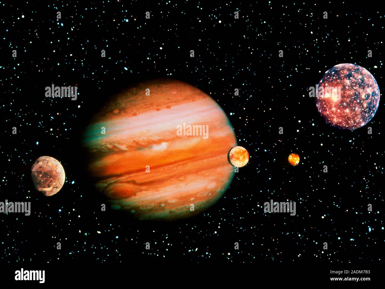 Jupiter and its Galilean moons. Montage of images of Jupiter and its ...