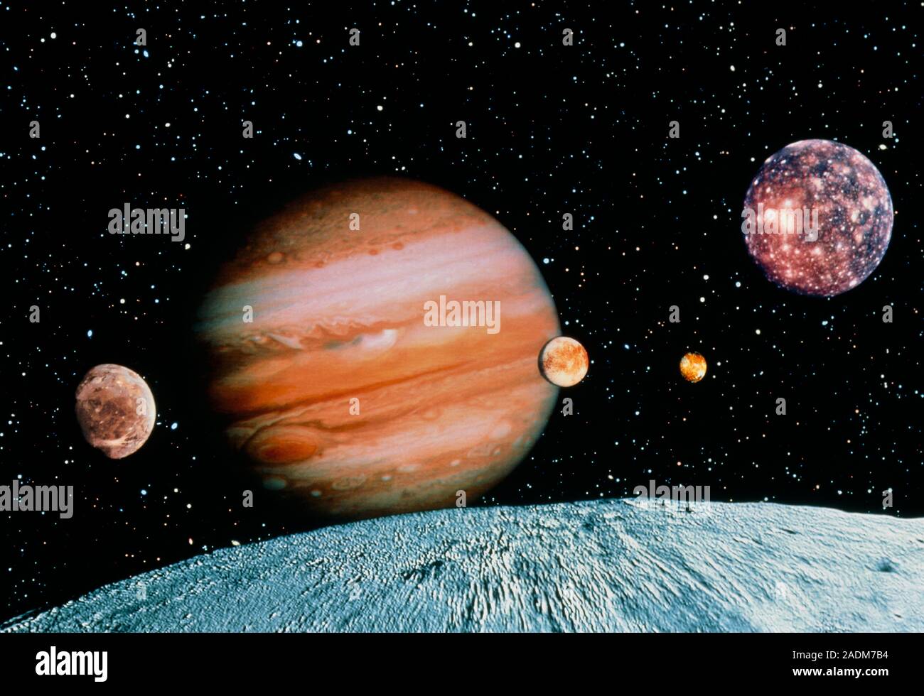 Jupiter and its Galilean moons. Montage of images of Jupiter and its ...
