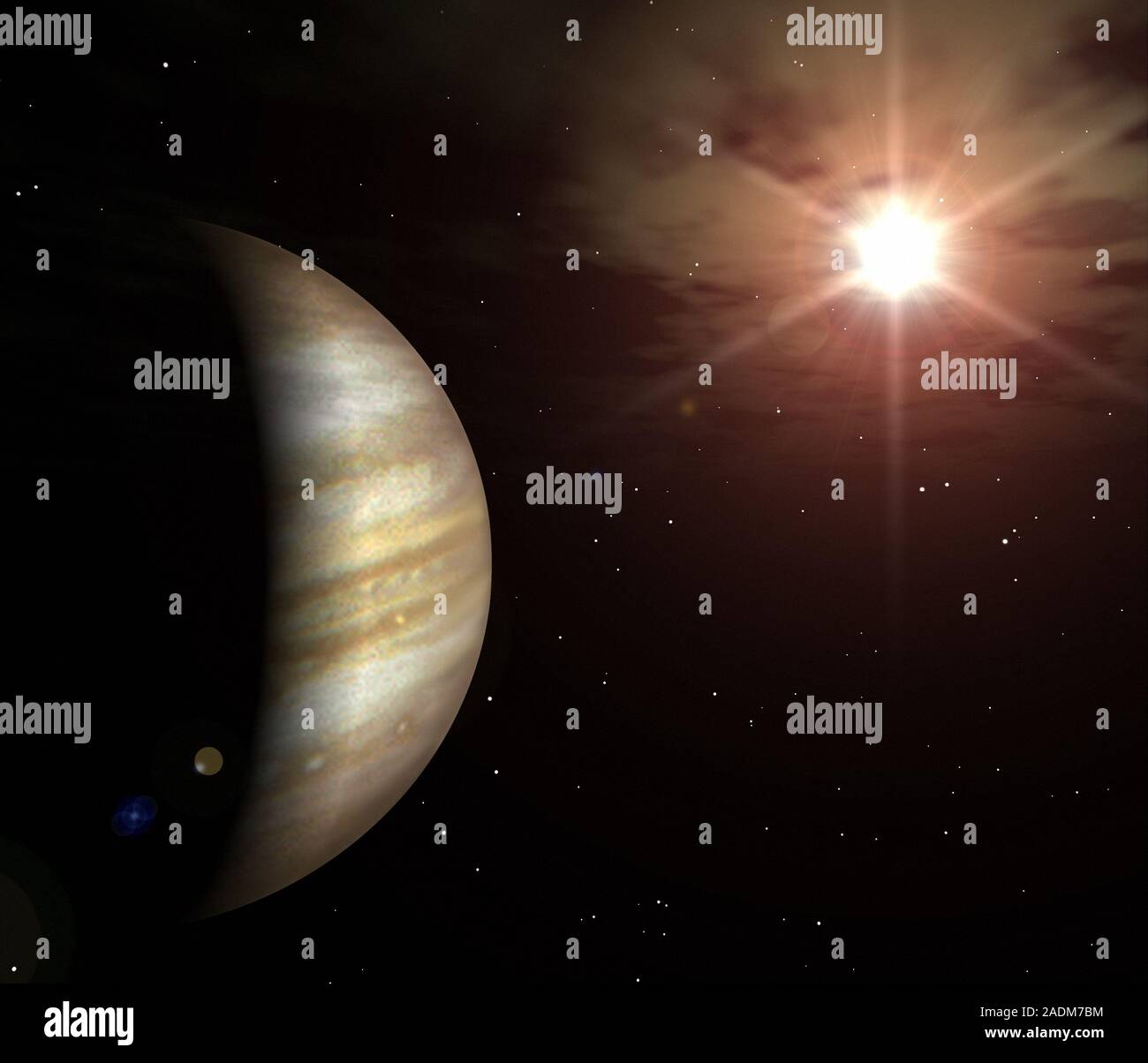 Jupiter. Computer artwork of the gas giant planet Jupiter (left ...