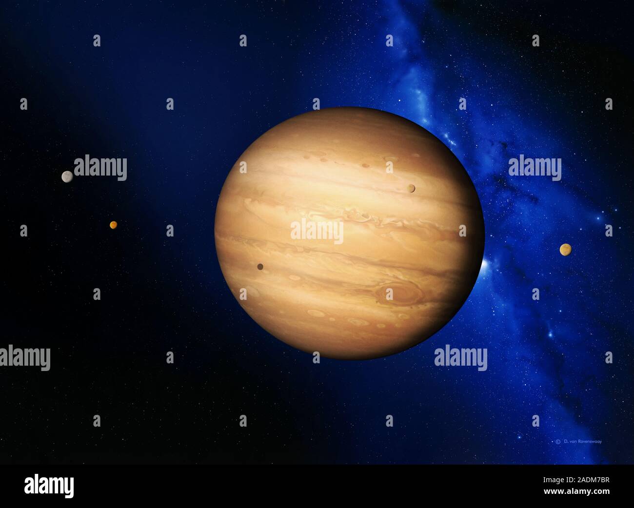 Jupiter. Artwork of the planet Jupiter and its four largest moons seen ...