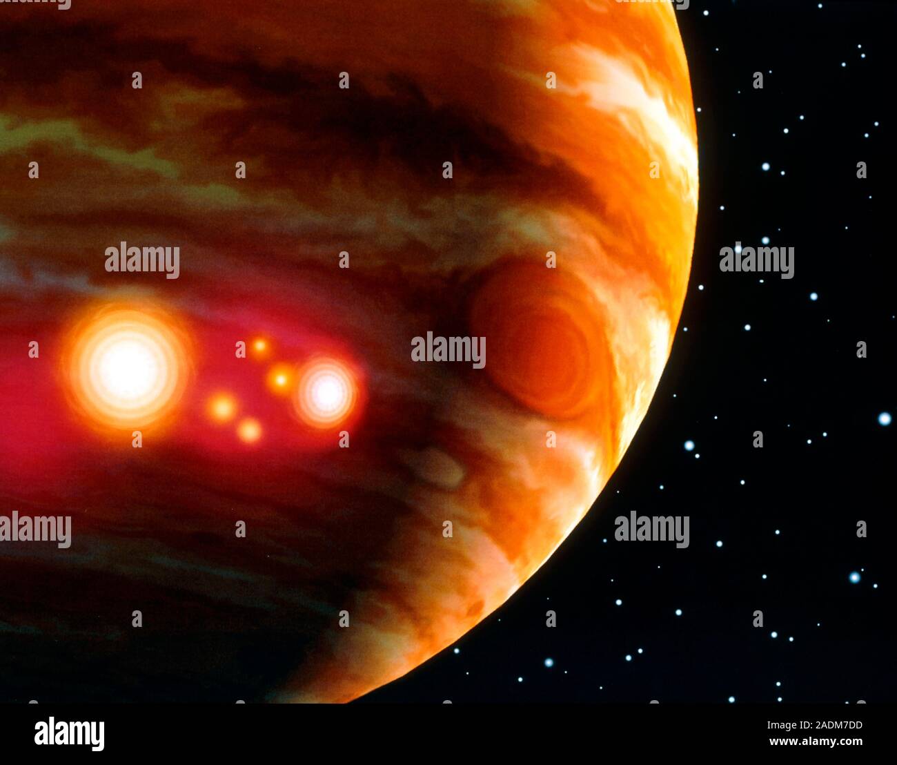 Comet Shoemaker-Levy impact on Jupiter, July 1994. Artist's impression of a cluster of impact ...