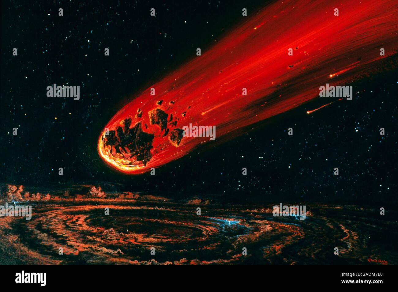 Comet Shoemaker-Levy impact on Jupiter, July 1994. Artist's impression of one of the fragments ...