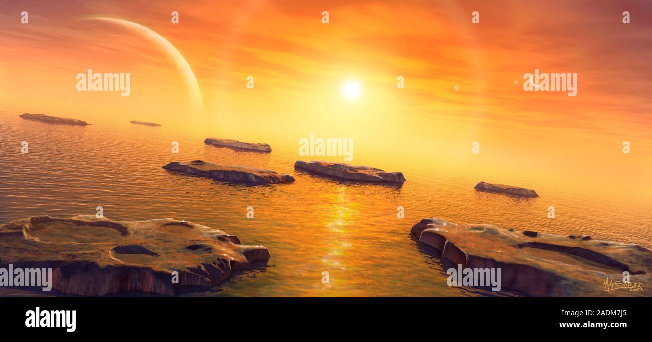 Europa's future ocean. Computer illustration of an ocean of liquid ...