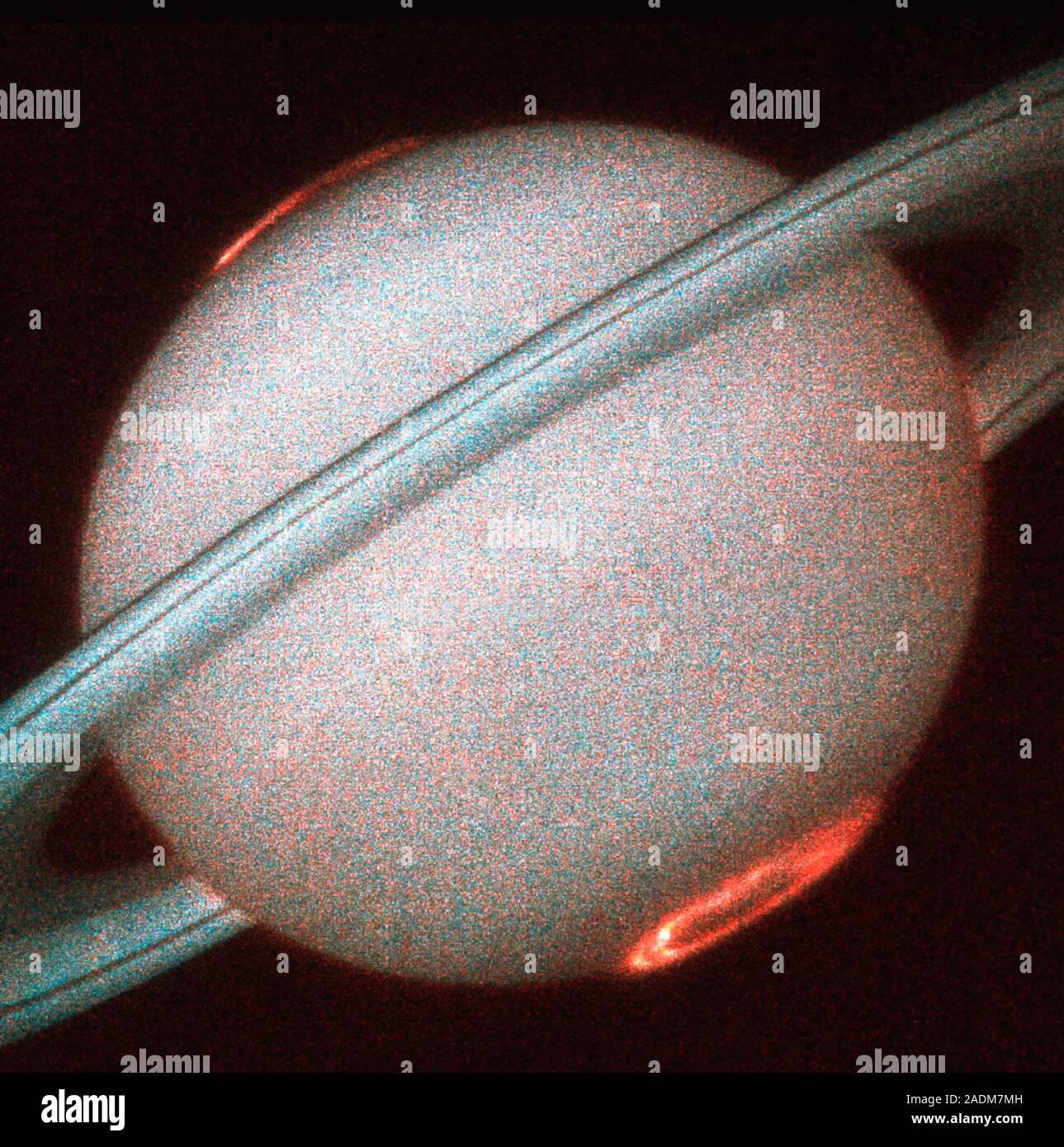 Aurorae on Saturn. Hubble Space Telescope coloured ultraviolet image of ...