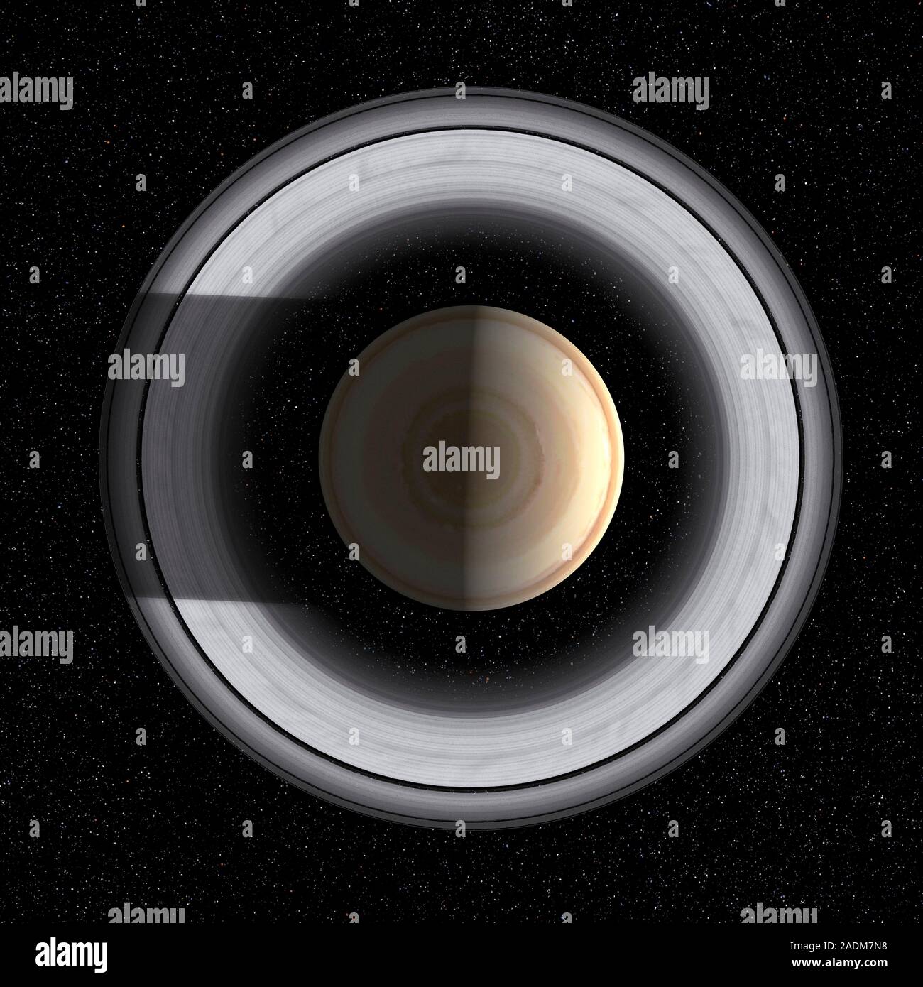 Saturn. Artwork of the planet Saturn seen from above its north pole ...