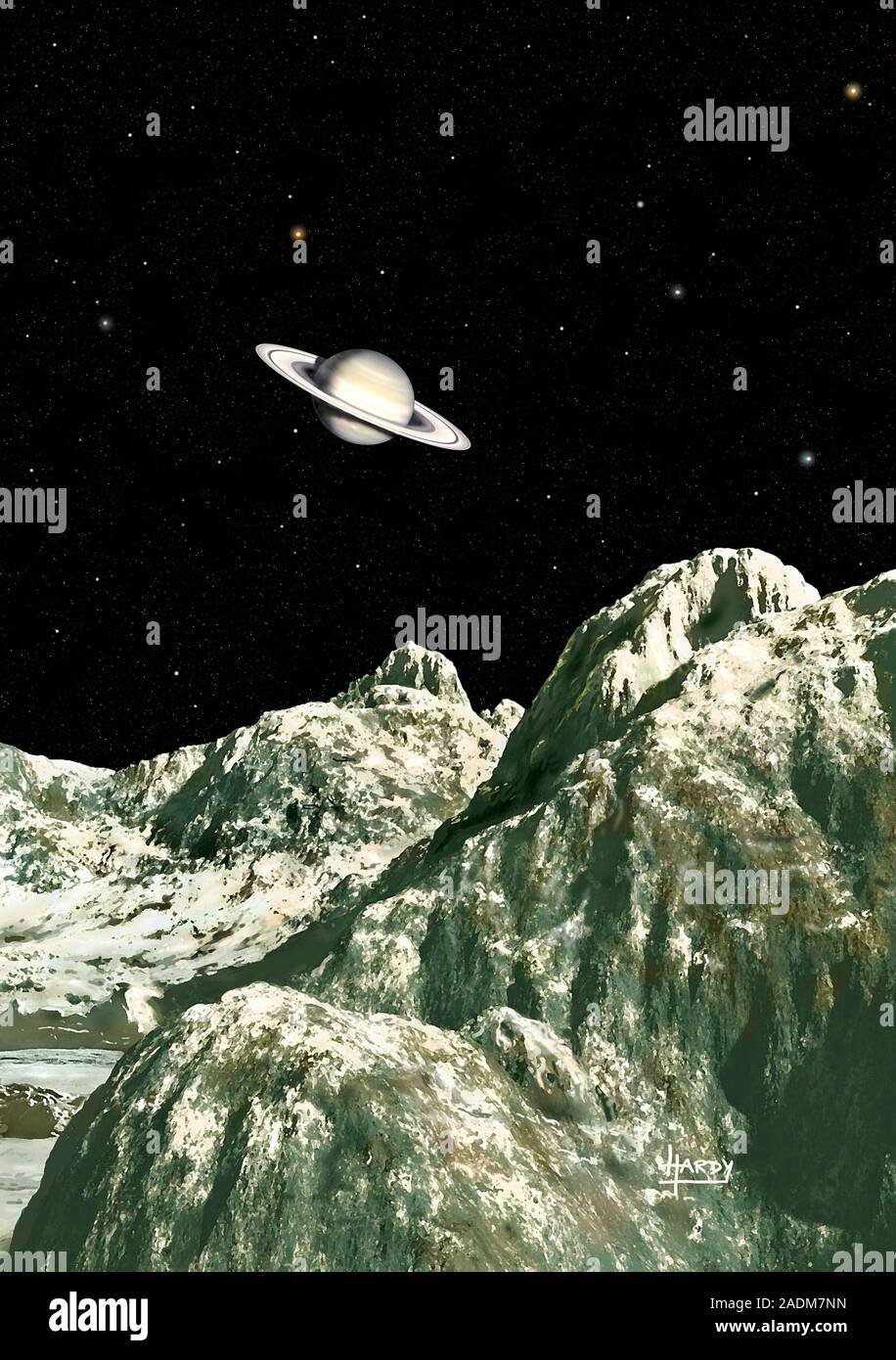 Saturn from Iapetus. Artwork of Saturn seen from the surface of Iapetus ...