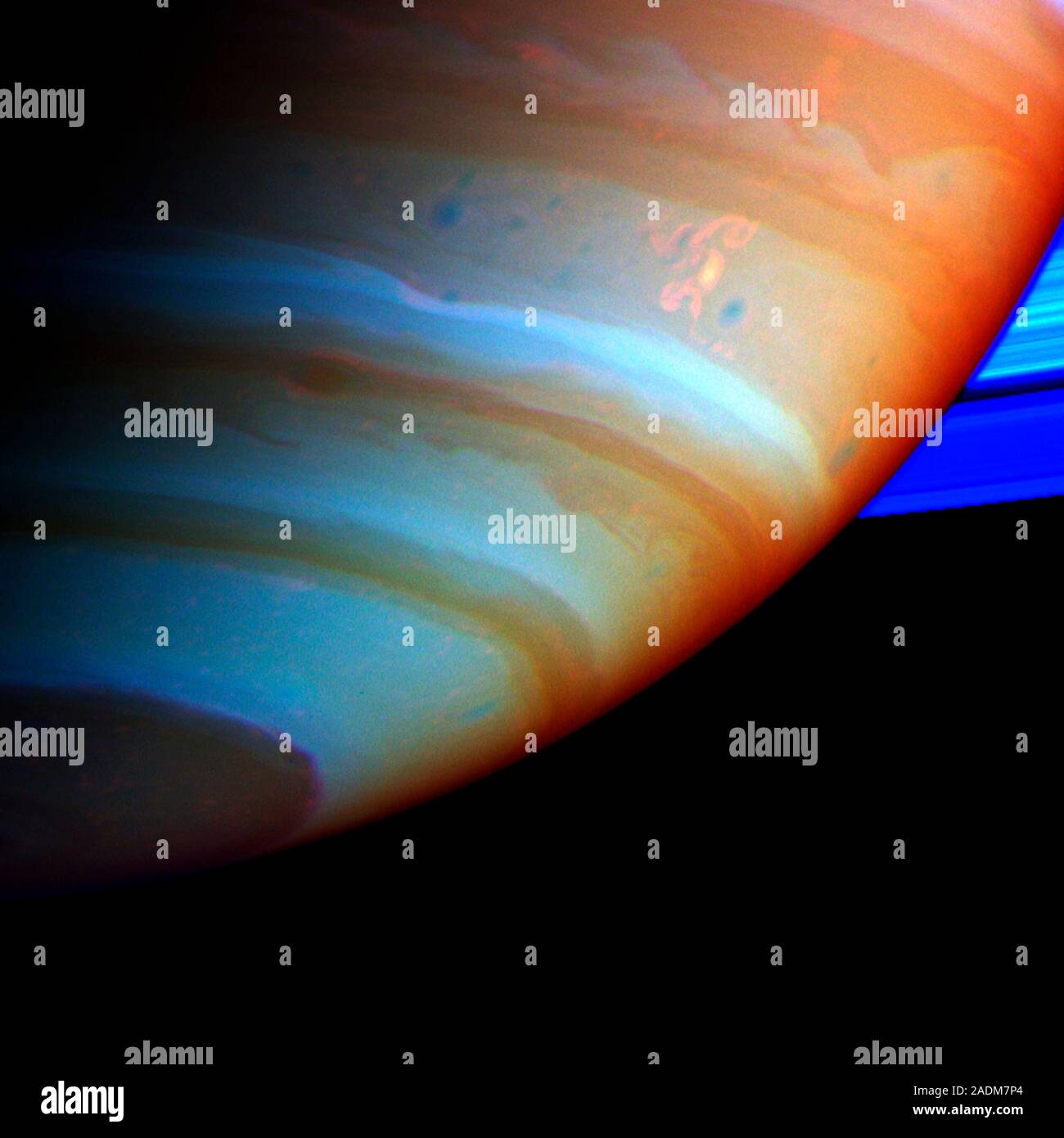Saturn. Coloured infrared Cassini spacecraft image of part of Saturn's ...