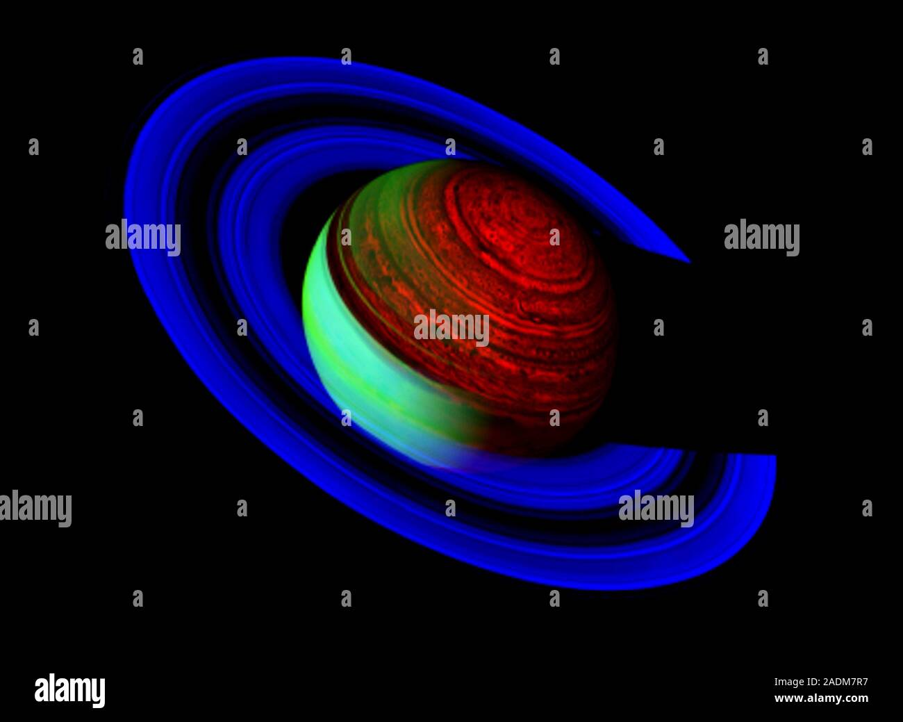 Saturn. Coloured Cassini infrared image of Saturn's planetary surface ...
