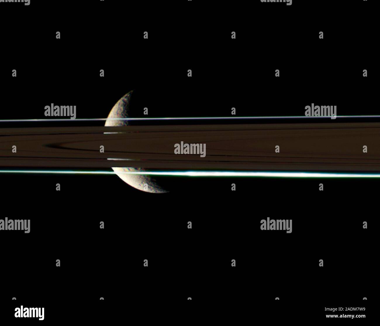 Saturn's rings and Rhea, Cassini image. Saturn's second largest moon ...