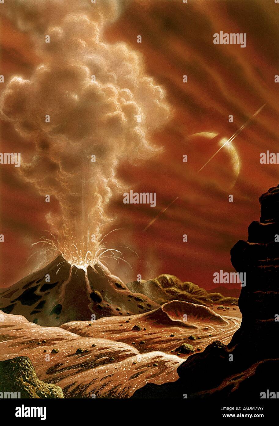 Ice volcano on Titan, artwork. Titan is the largest of Saturn's moons ...