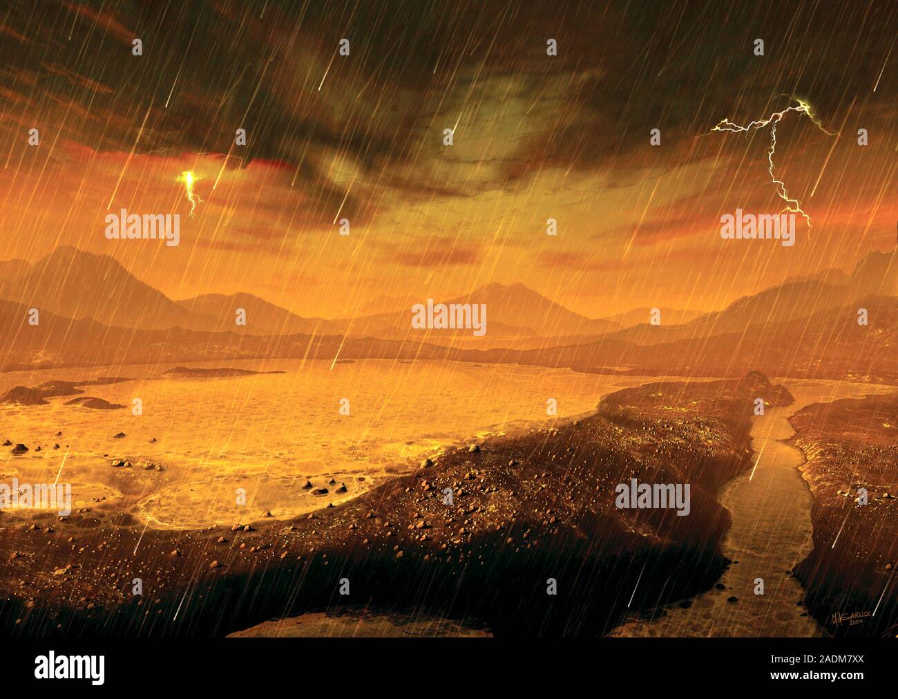 Surface of Titan, computer artwork. This is Saturn's largest moon and ...