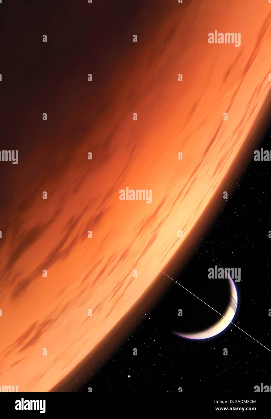 Titan and Saturn. Artwork showing Titan (left) and a crescent view of ...
