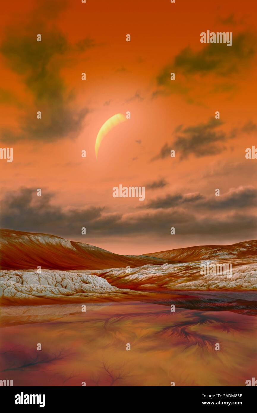 Surface of Titan. Artwork of clouds, rivers and mountains on Titan, the ...