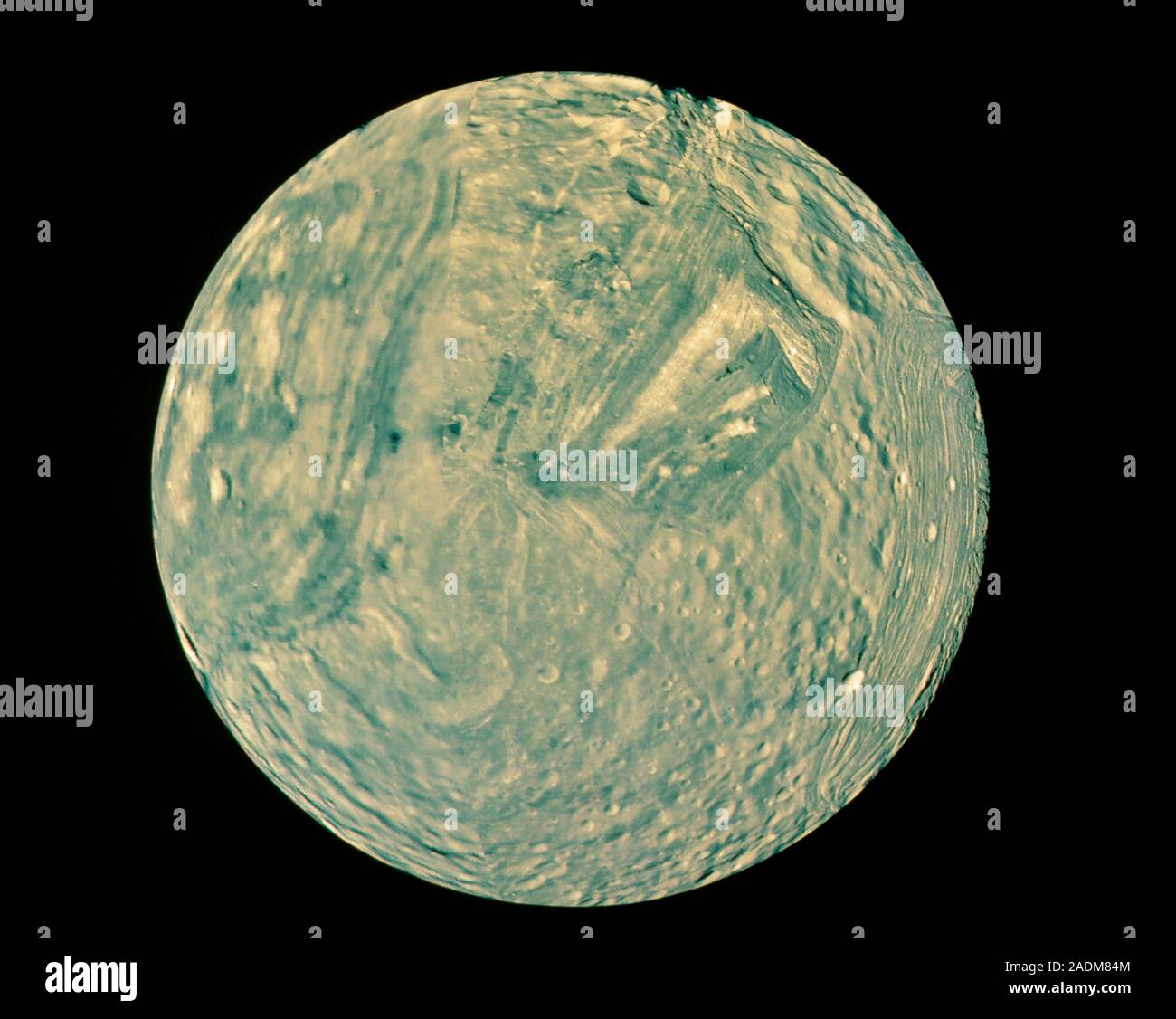 Miranda. Mosaic of images showing the complex surface of Miranda, a ...