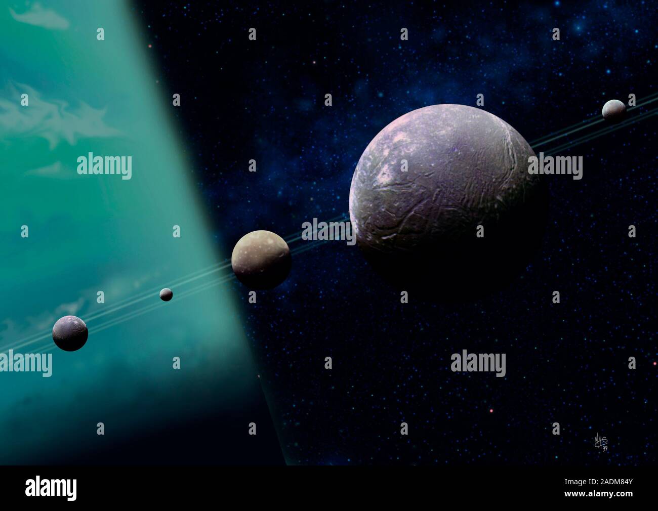 Uranus and moons. Computer illustration of the planet Uranus and its ...