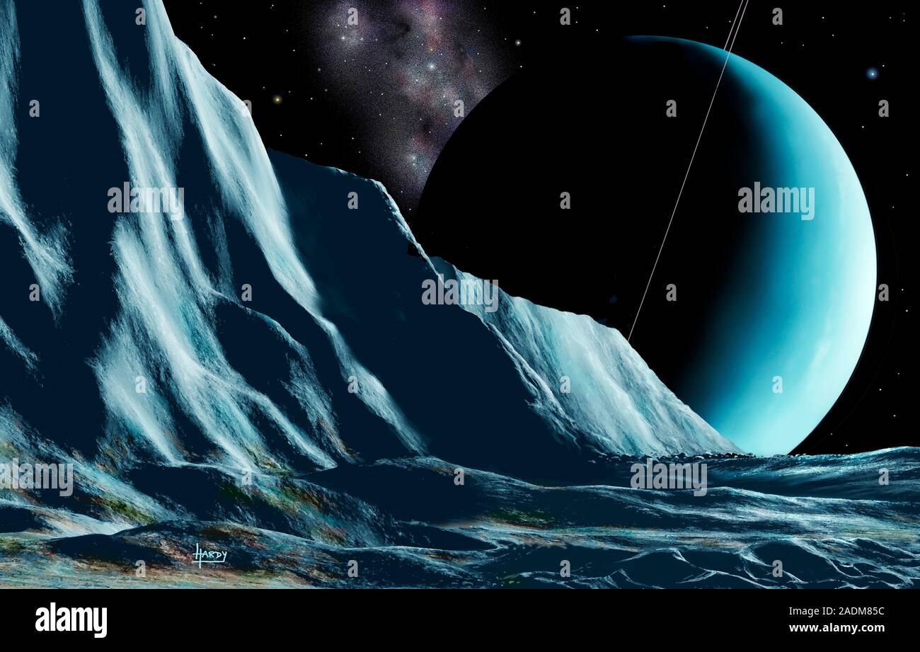 Uranus from Miranda. Artwork of the planet Uranus seen behind towering ...