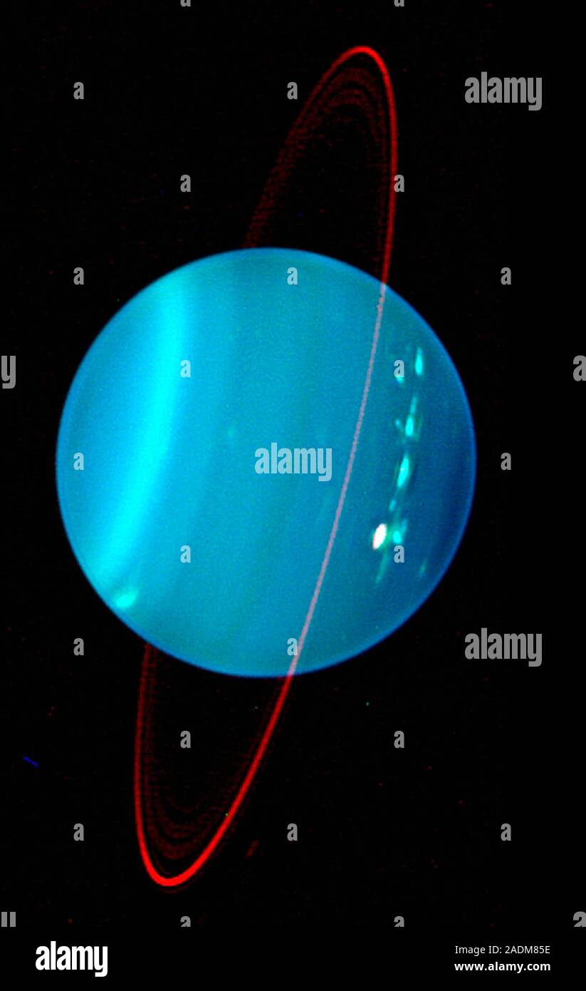 Uranus, infrared image. The northern hemisphere (left of rings) is ...