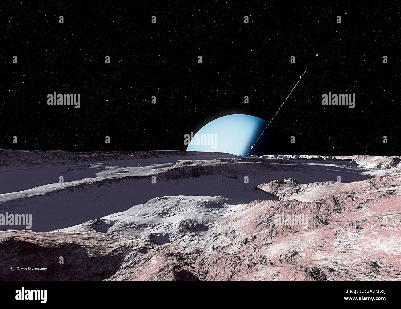 Uranus from Ariel. Artwork of the surface of Ariel, with Uranus and its ...