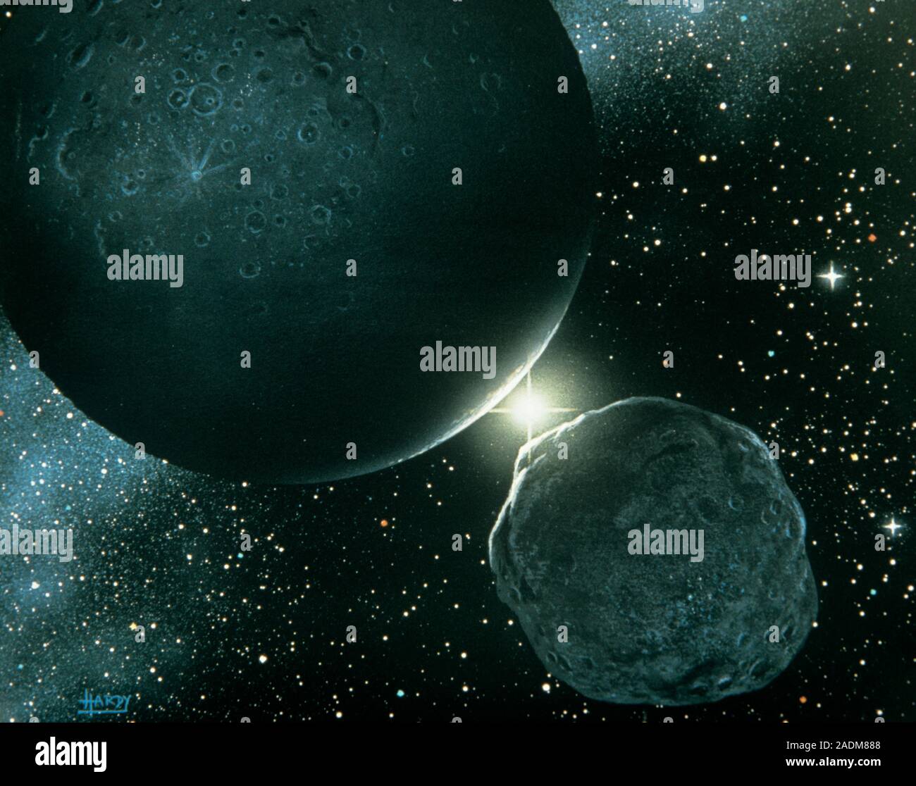 Artist's impression of the planet Pluto (top) and its moon Charon ...