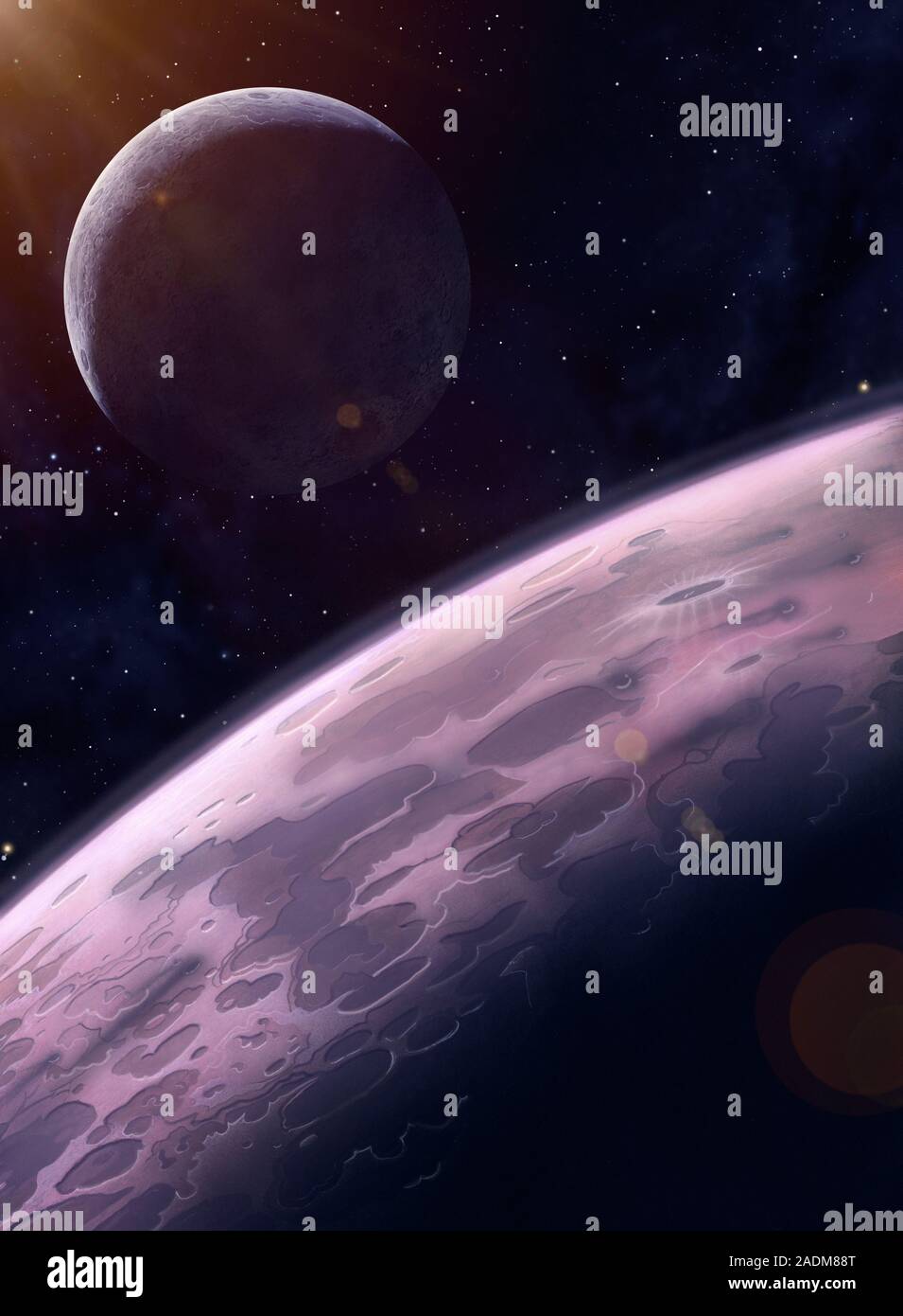 Pluto and Charon. Artwork of the icy surface of Pluto and a crescent ...