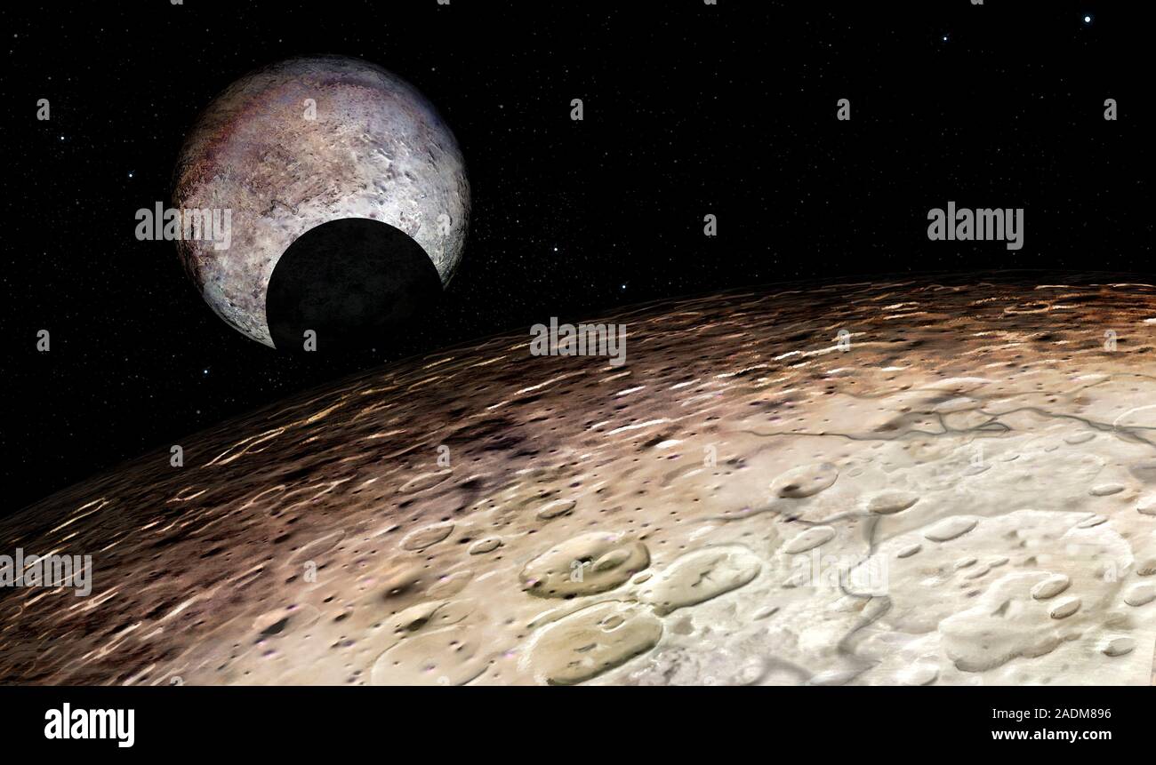 Pluto from Charon. Computer artwork of Pluto from the cratered rock and ...