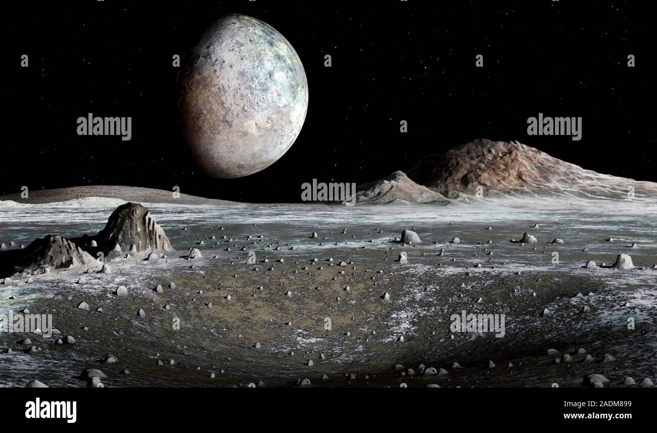 Pluto from Charon. Artwork of Pluto seen from the cratered ice and rock ...