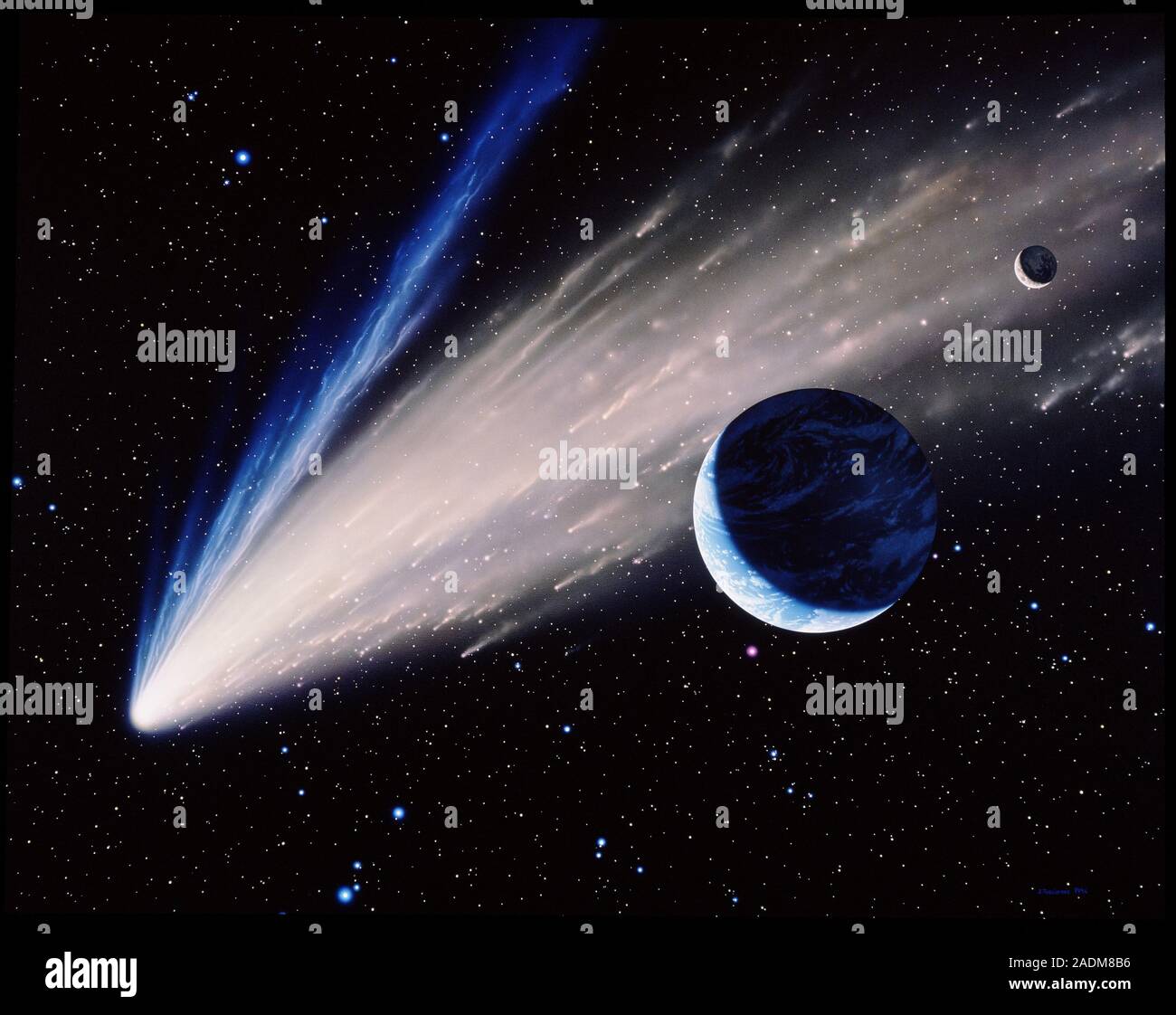 Comet. Artwork of a comet with a double tail seen from the Earth and ...