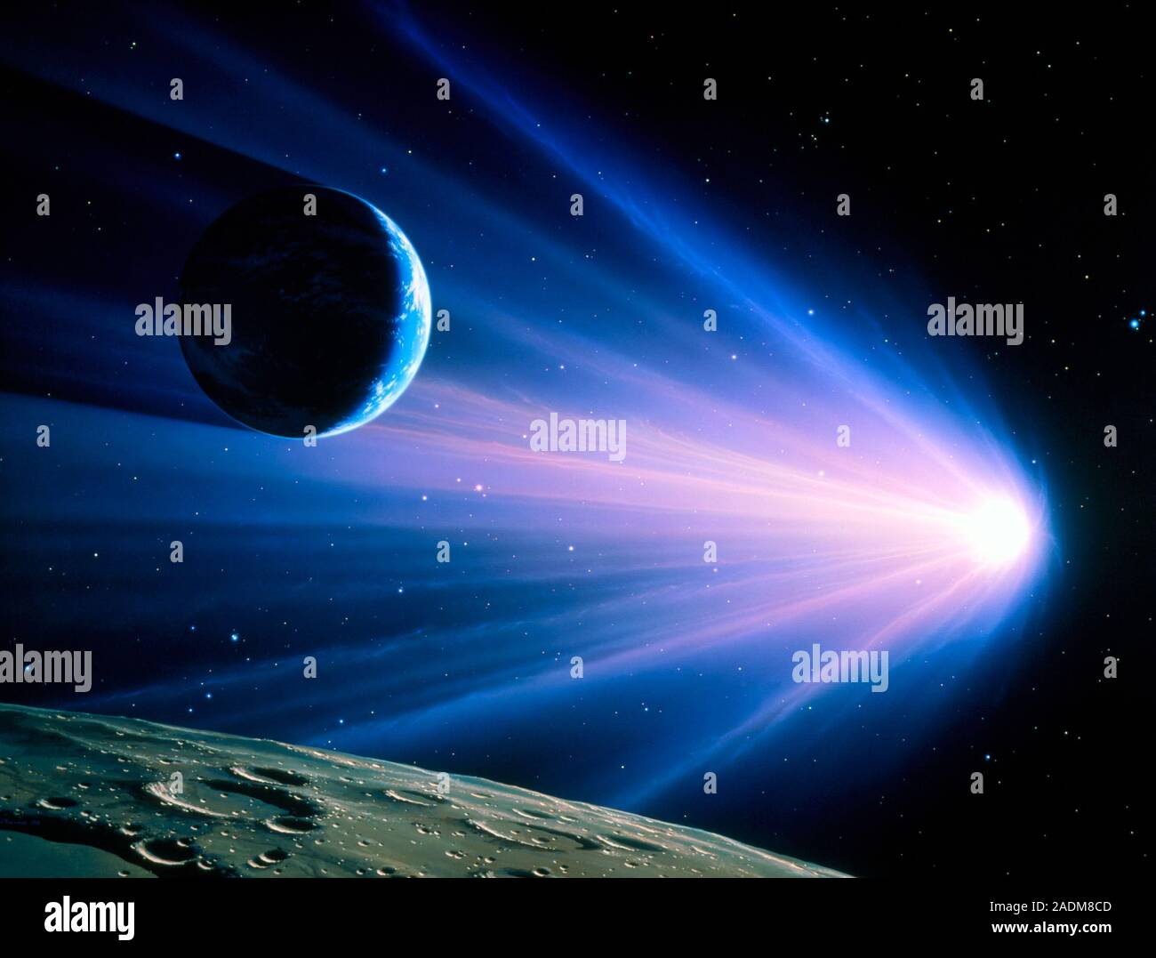 Comet and Earth. View from the Moon of a large comet streaking past the ...
