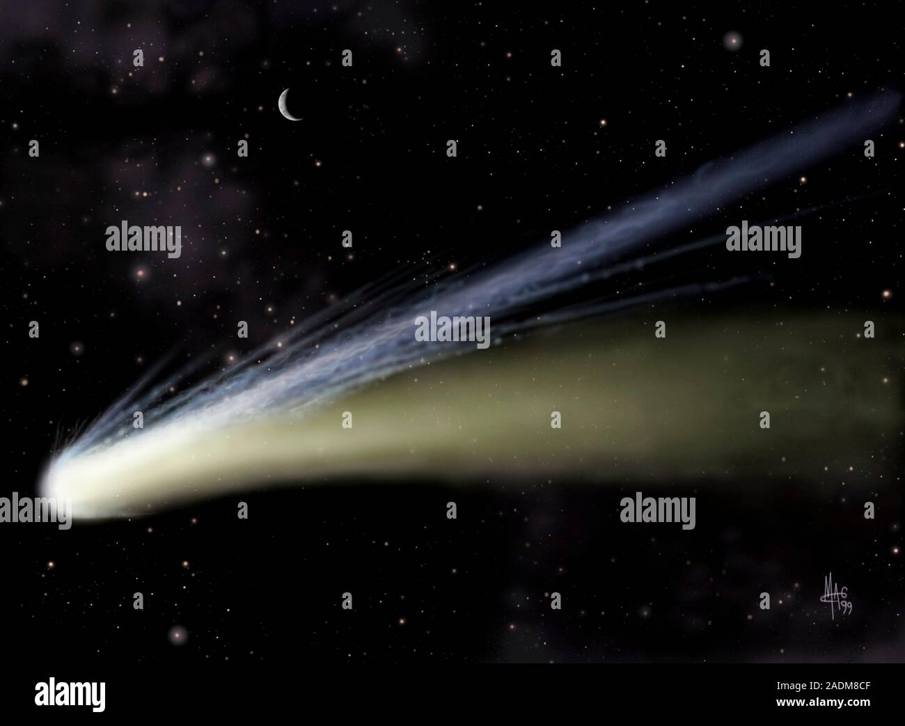 Comet. Illustration of a comet. Two separate tails are seen here. The dust tail (yellow ...