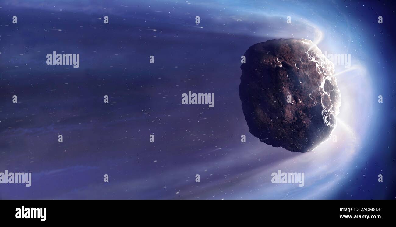 Comet nucleus. Artwork of the icy core (nucleus) of a comet. Comets are ...