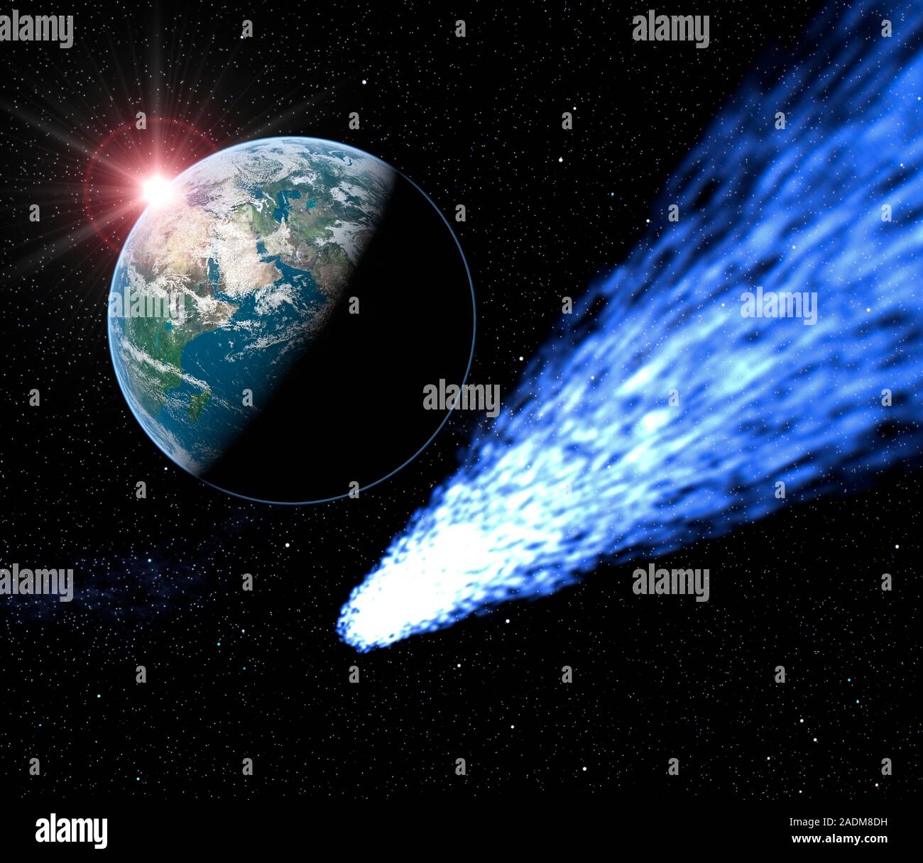 Comet passing near Earth, computer artwork. Comets form when distant bodies of ice and dust ...
