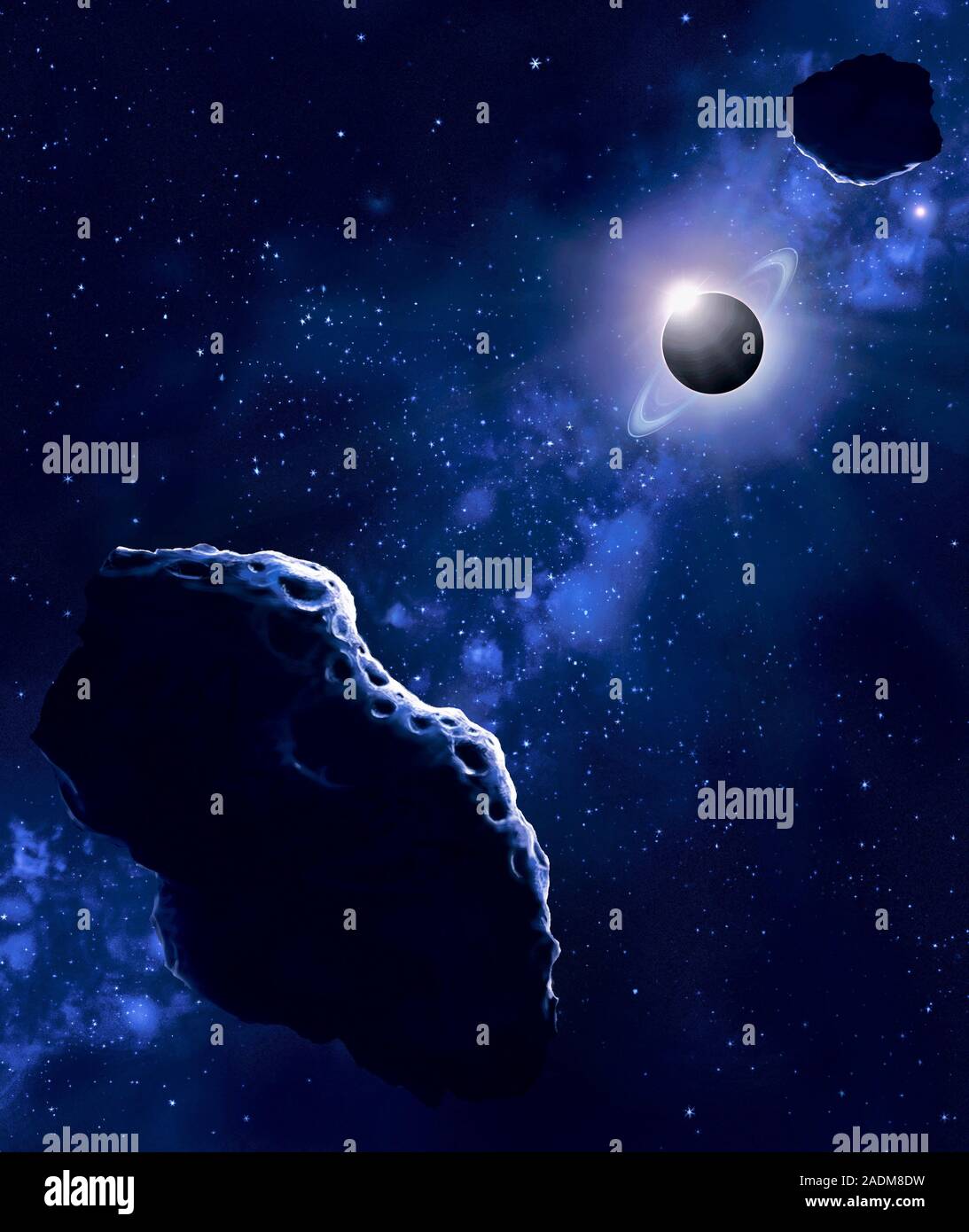 Kuiper Belt objects. Artwork of two icy bodies orbiting within the ...