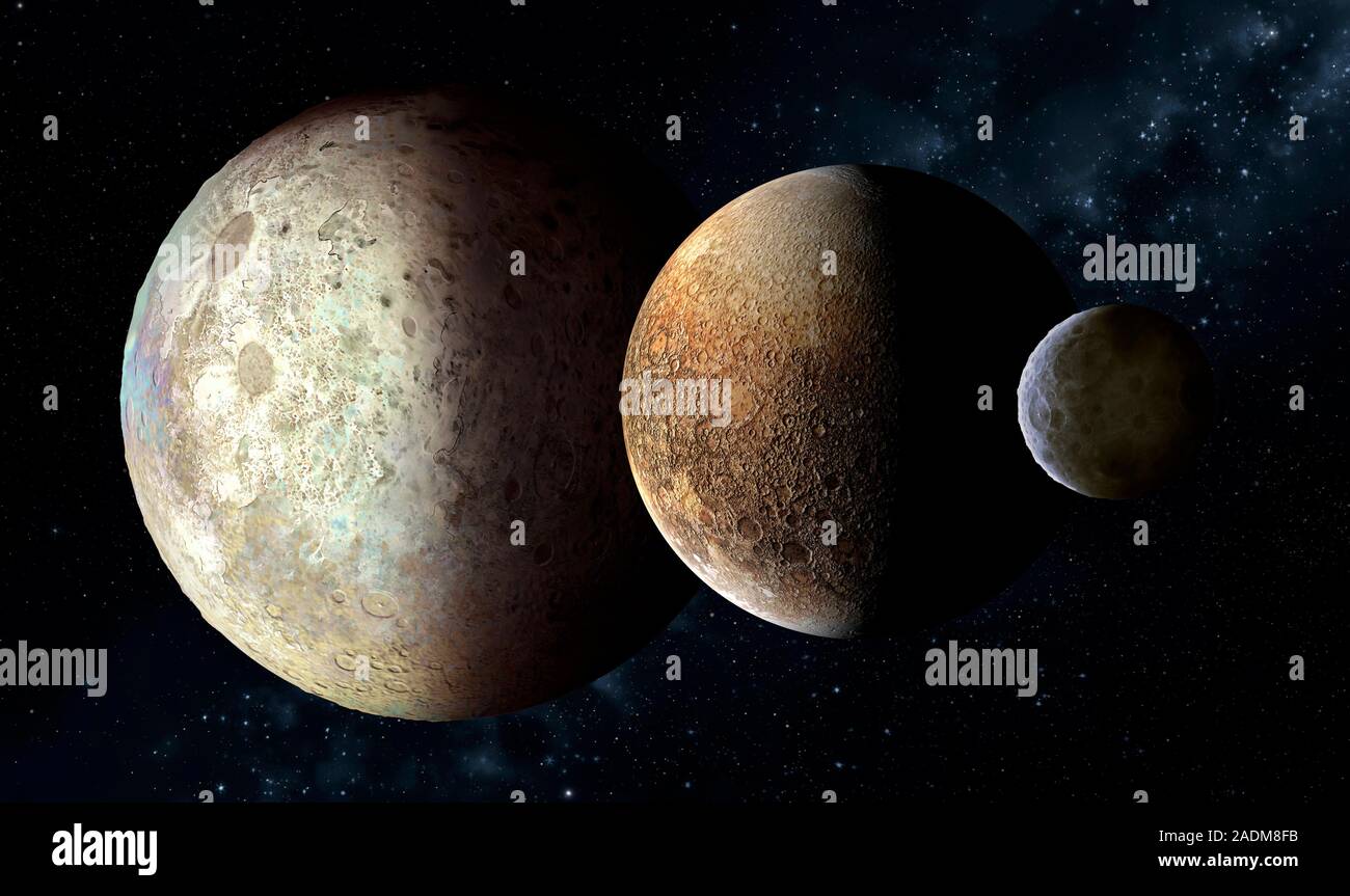 Dwarf planets. Computer artwork of three of the dwarf planets of the ...