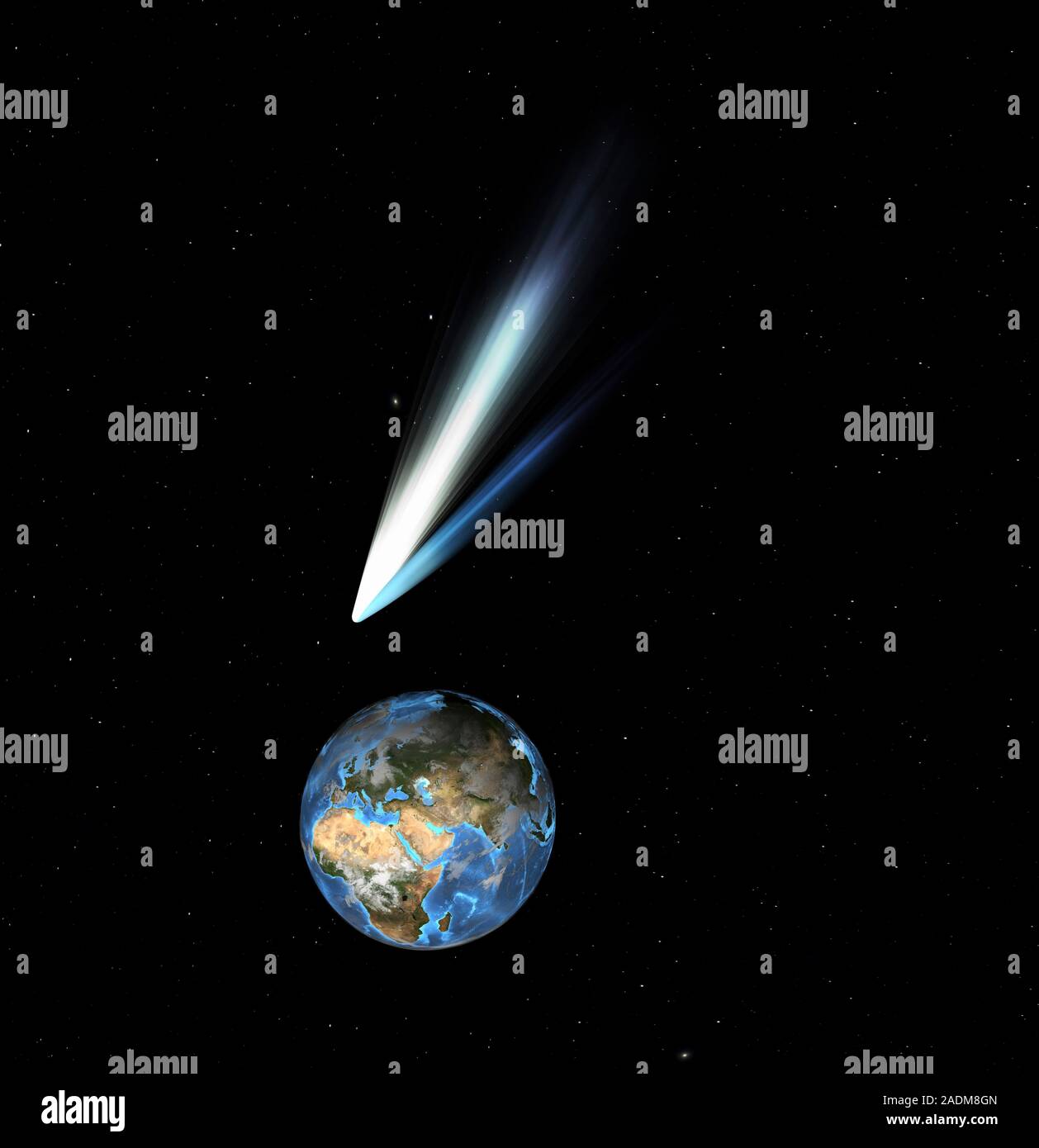 Comet passing near Earth, computer artwork. Comets are small astronomical objects Â composed of ...