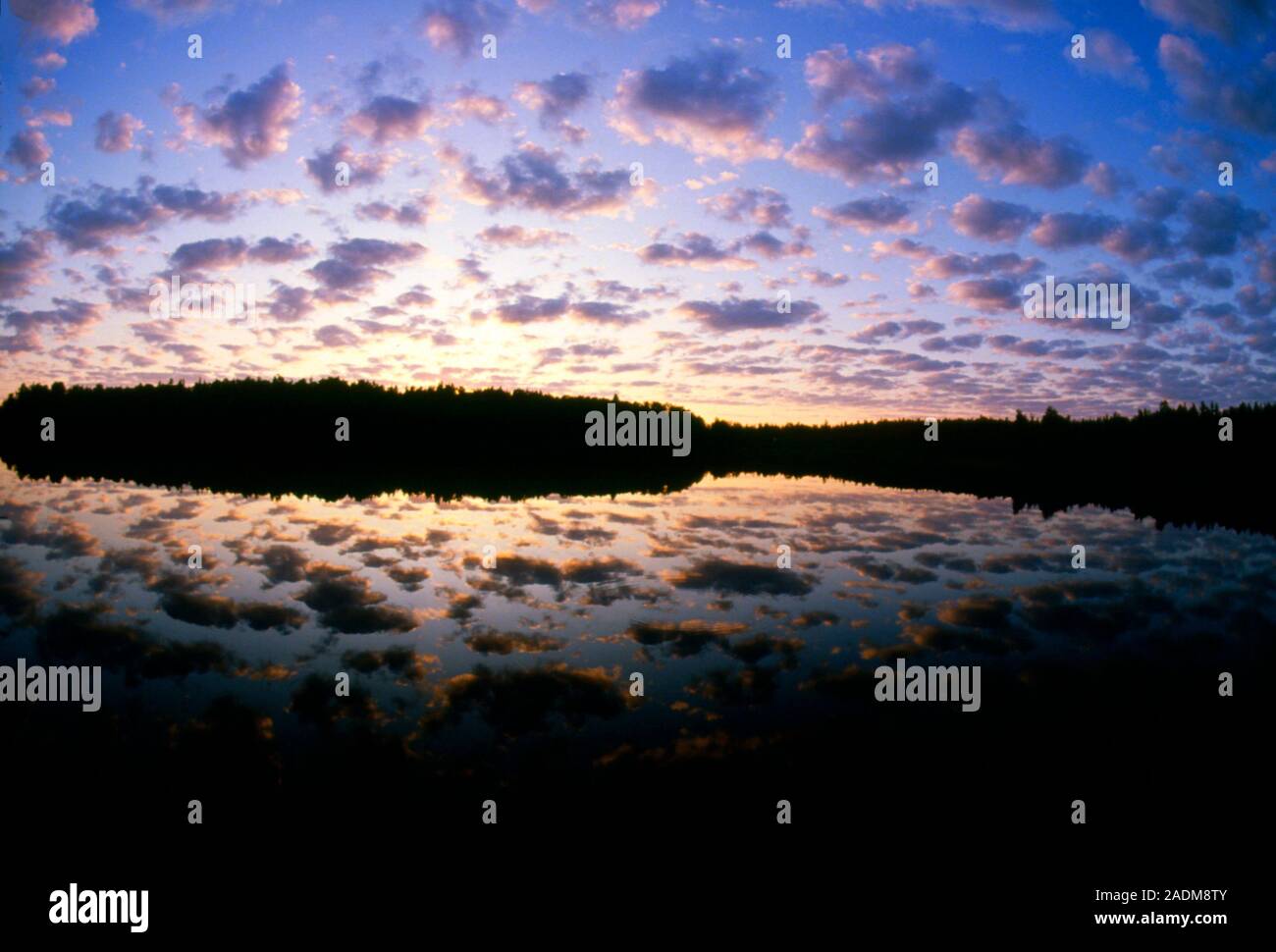 Sunset. The last rays of the setting sun illuminate clouds over a lake ...