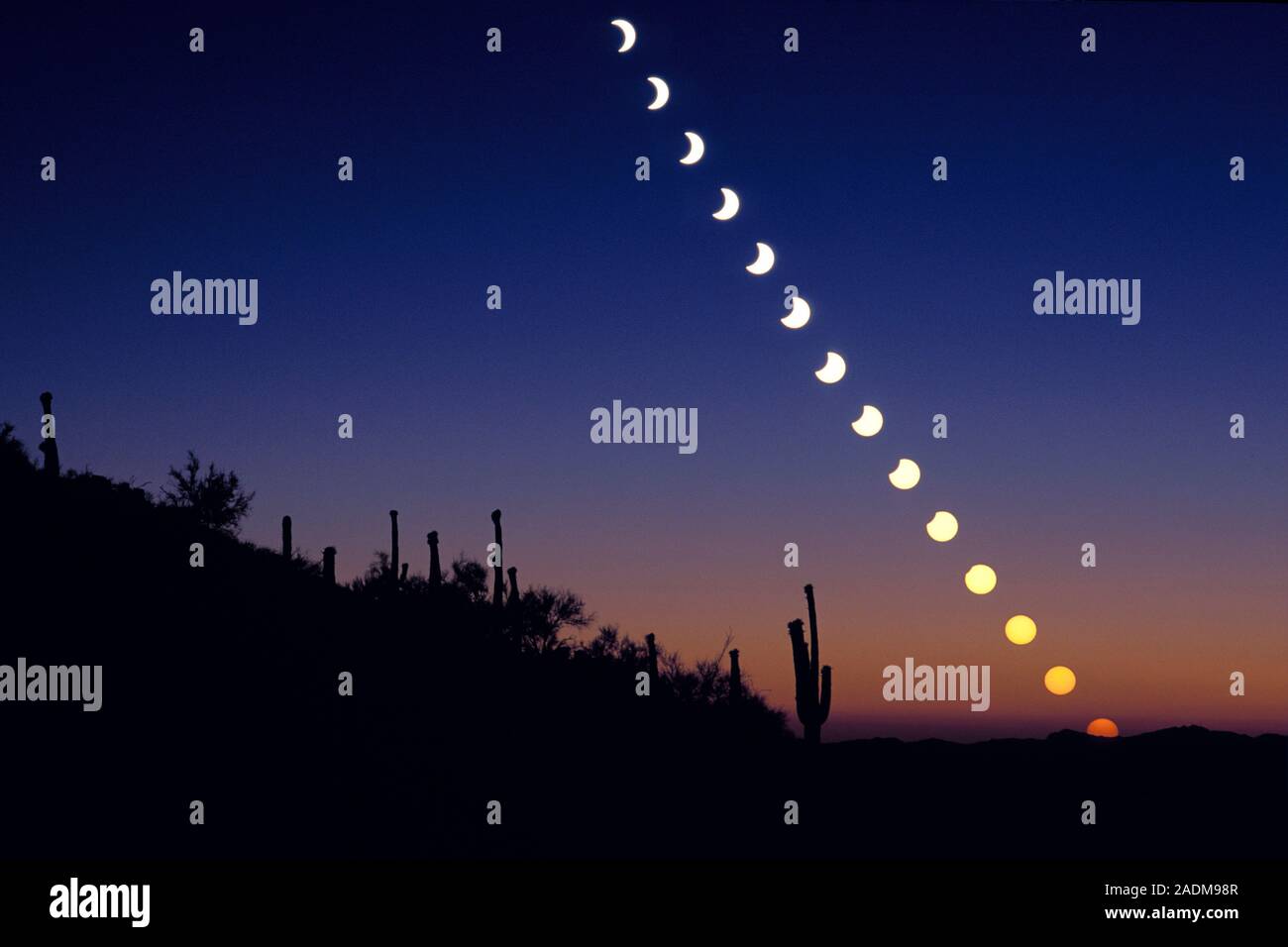 Partial solar eclipse, multiple-exposure image. A solar eclipse occurs ...