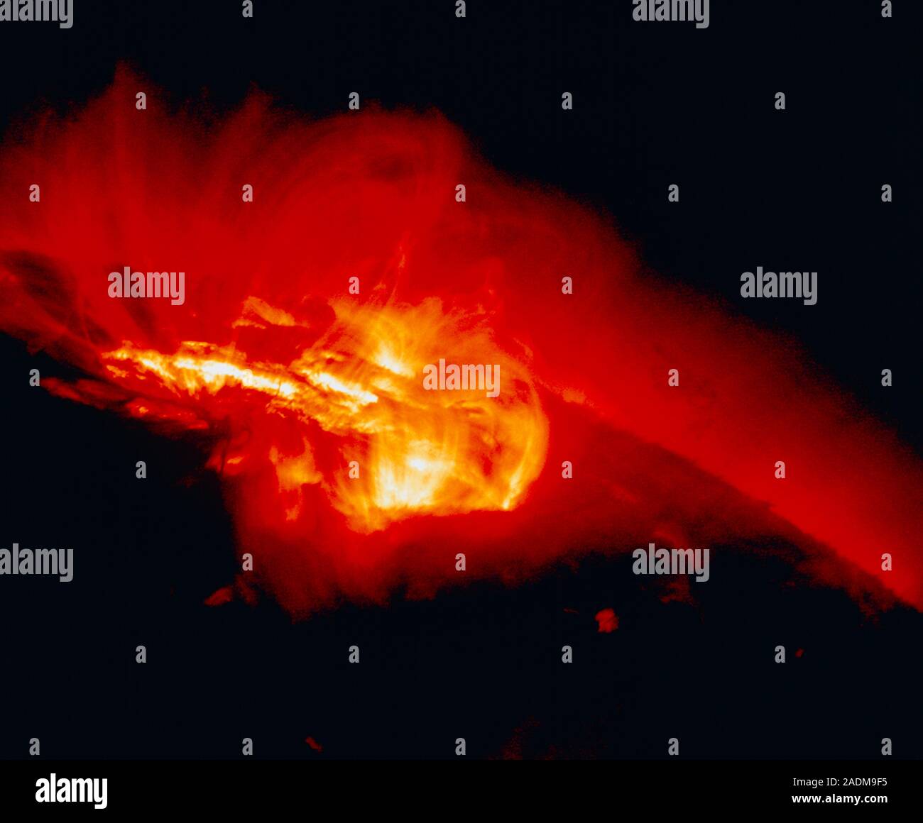 Sun plasma loops. Coloured ultraviolet TRACE sate- llite image of part ...