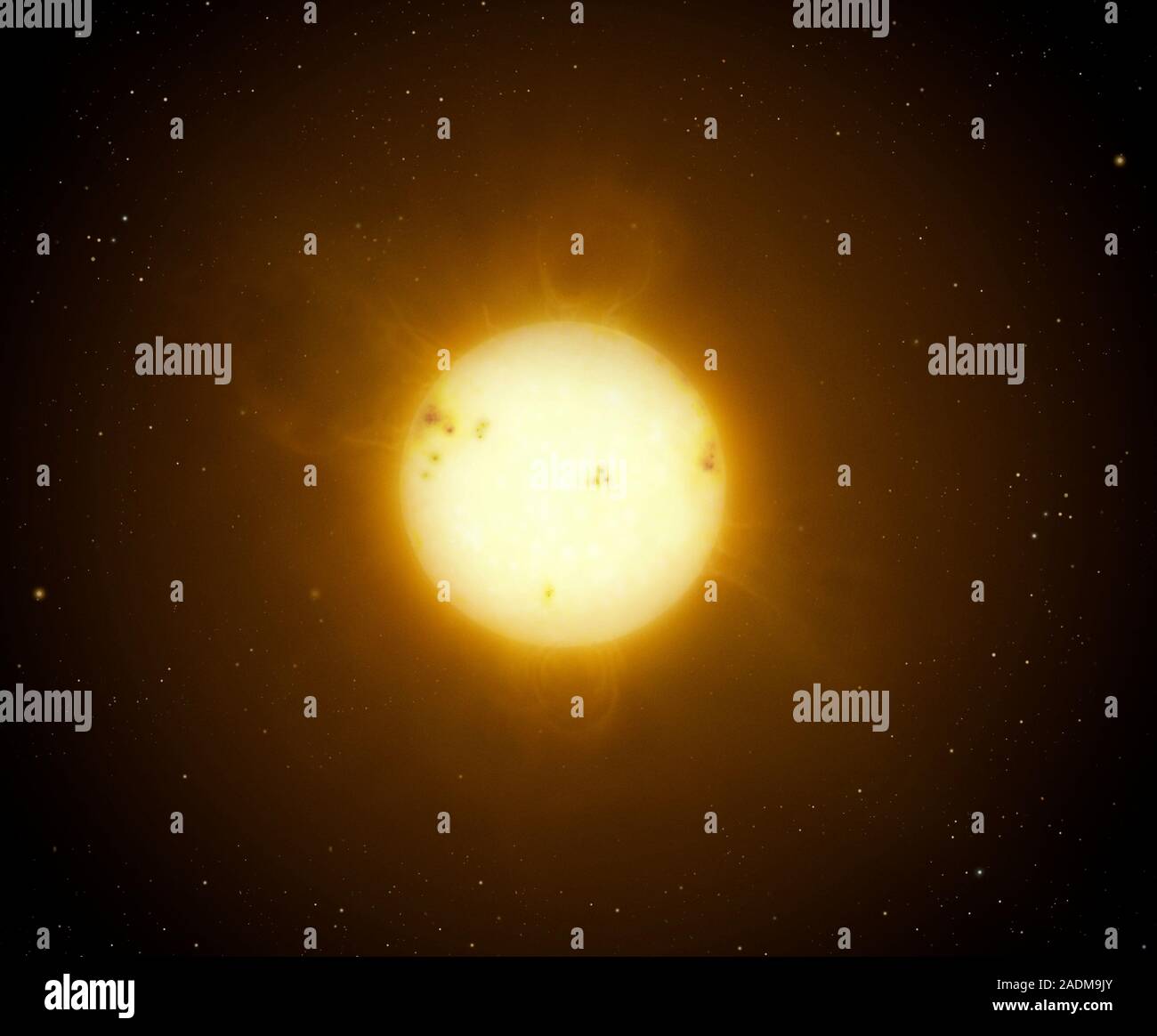 Active Sun artwork. Solar flares (one seen at top) are seen leaping ...