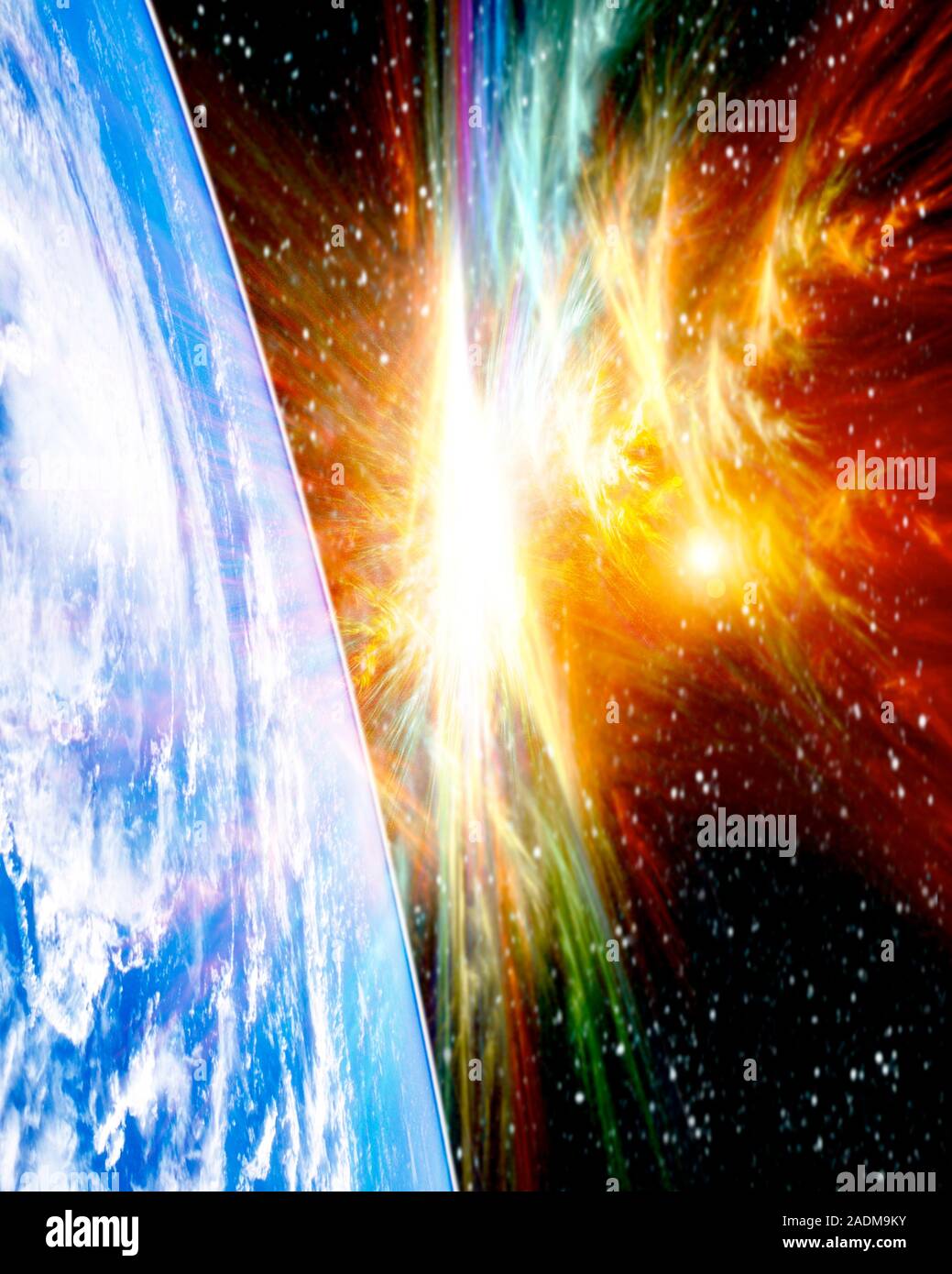 Solar flare threatening Earth. Computer artwork of the Earth being ...