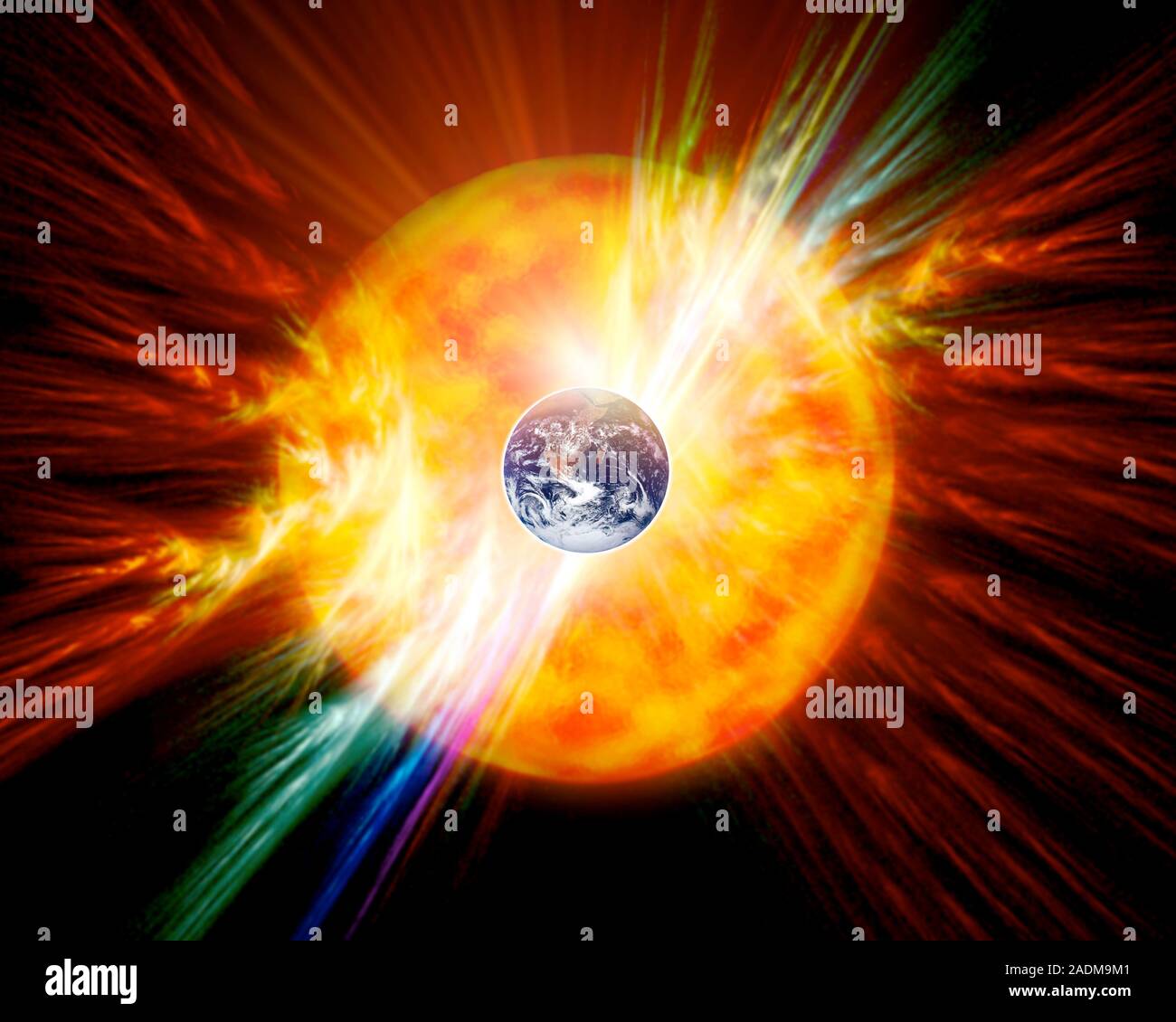 Solar flare threatening Earth. Computer artwork of the Earth being ...