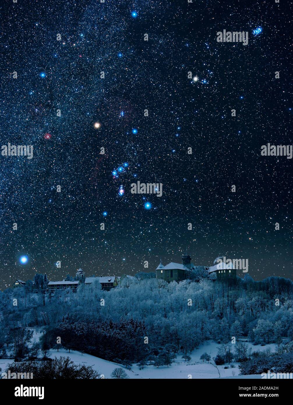 Winter sky. The constellation Orion is at centre. The most prominent ...