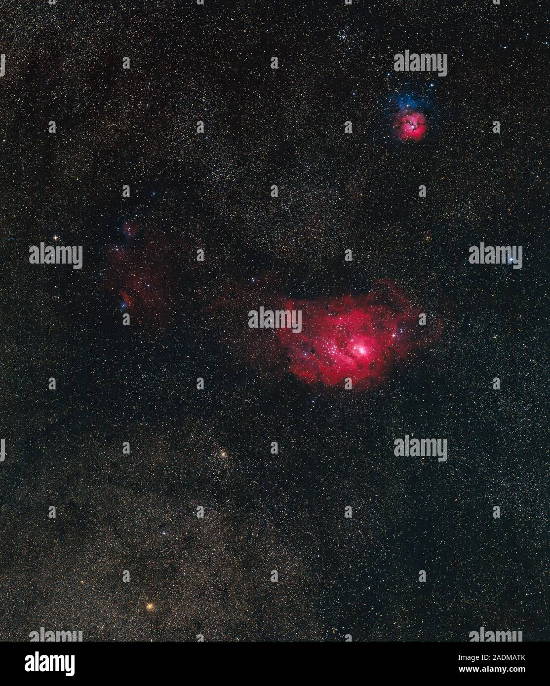 Lagoon and Trifid nebulae. Optical image of the Lagoon nebula (M8 ...