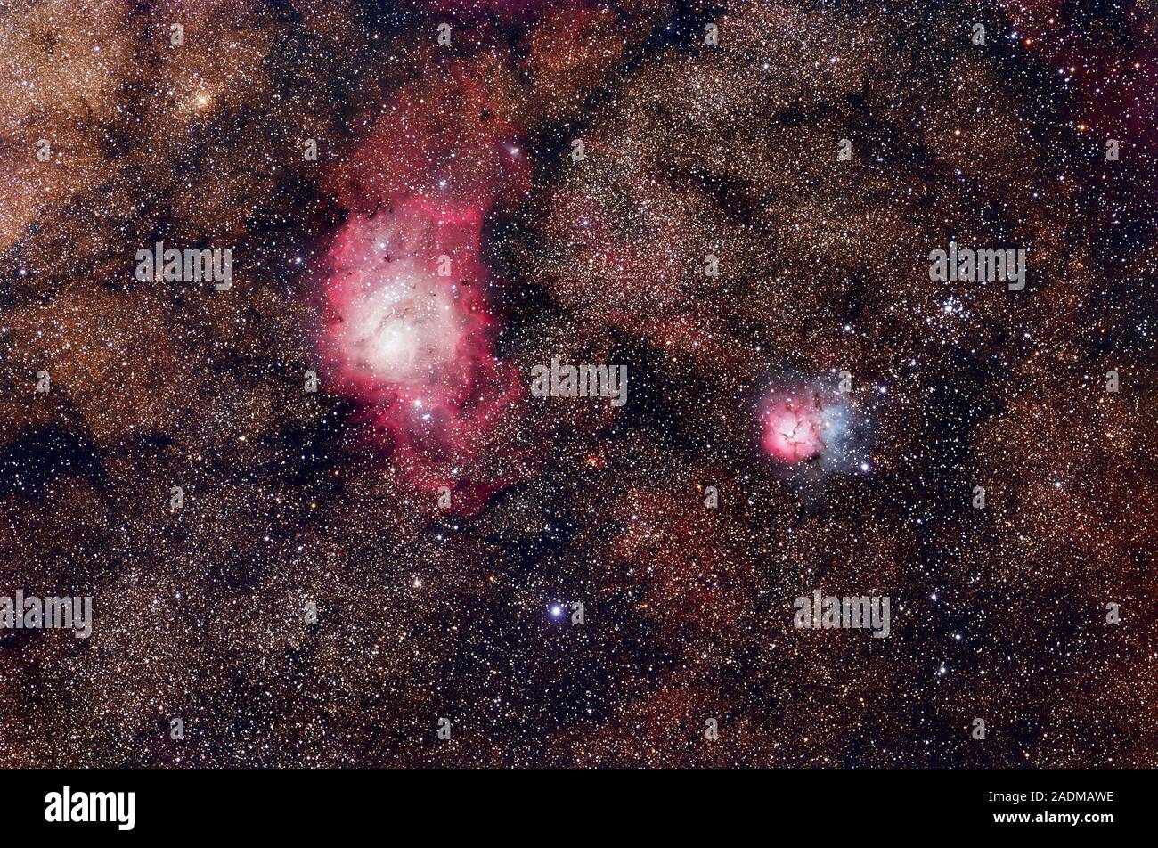 Lagoon and Trifid nebulae, optical image. The Lagoon nebula (M8) is at ...