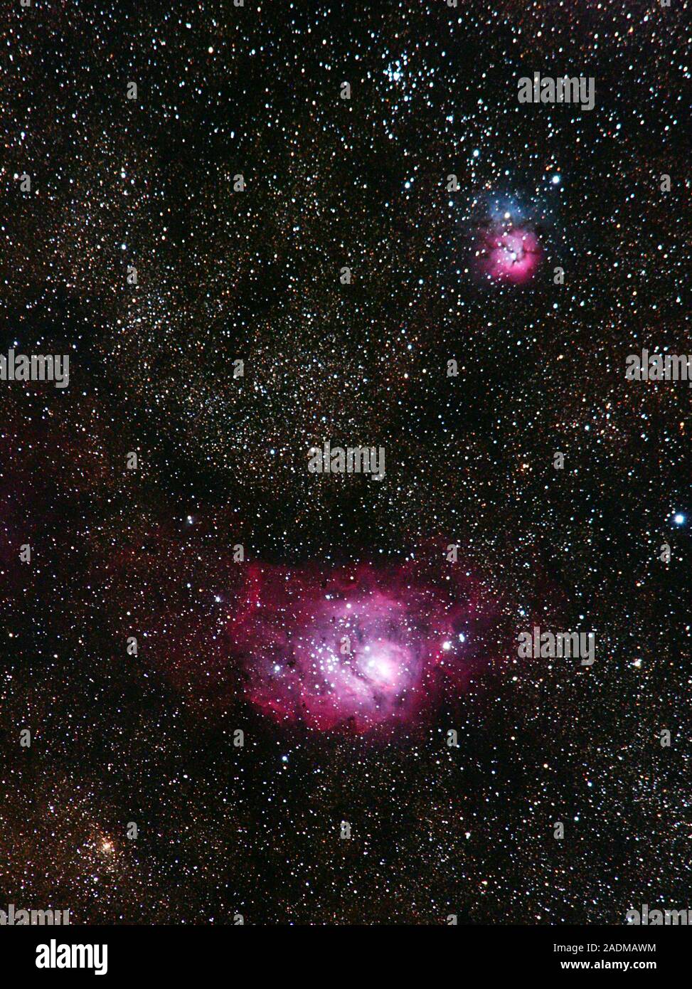 Lagoon and Trifid nebulae, optical image. The Lagoon nebula (M8) is at ...