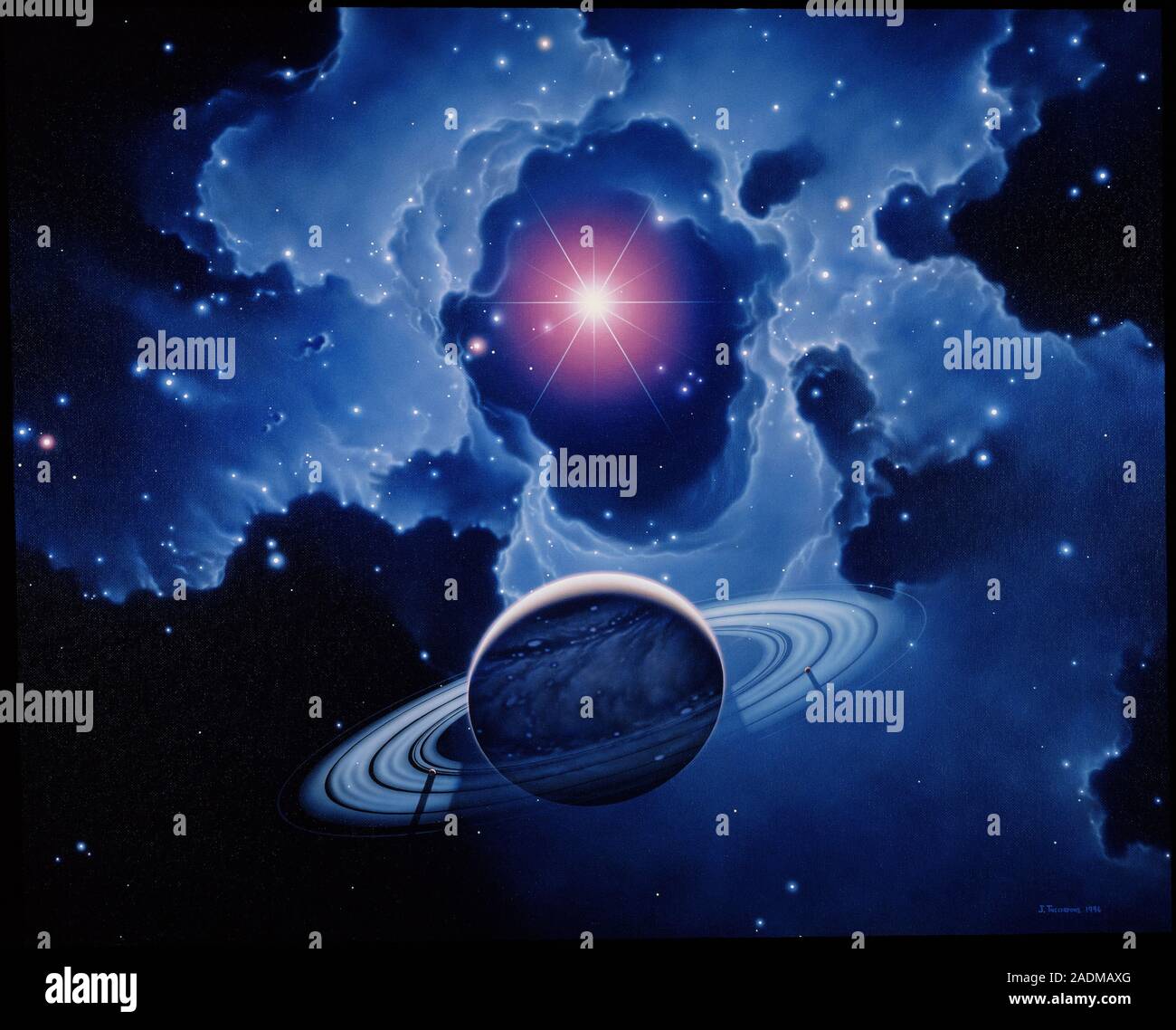 Star birth. Artwork of a new star shining in an illuminated gaseous ...