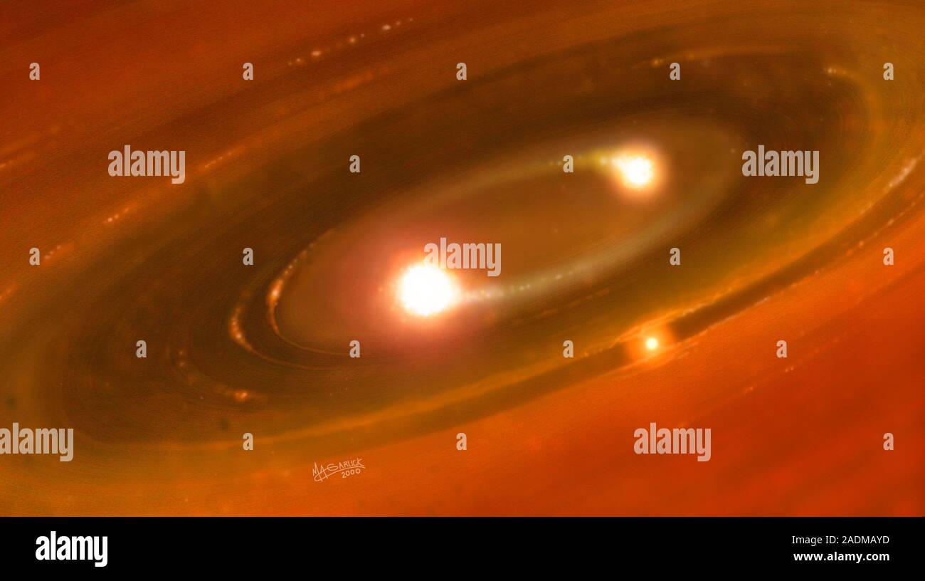Binary star formation. Artwork depicting the formation of a binary star ...