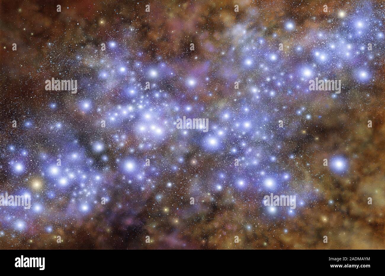 Star formation. Artwork of the formation of young, hot blue stars. Such ...